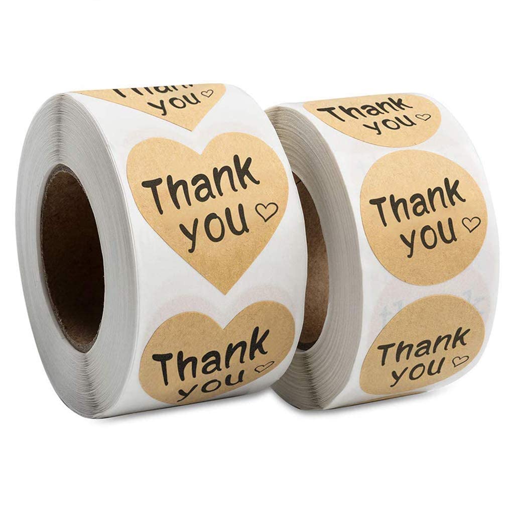 Thank You Stickers Roll 1000pcs Adhesive Labels Kraft Paper with Black Hearts, Decorative Sealing Stickers for Gifts