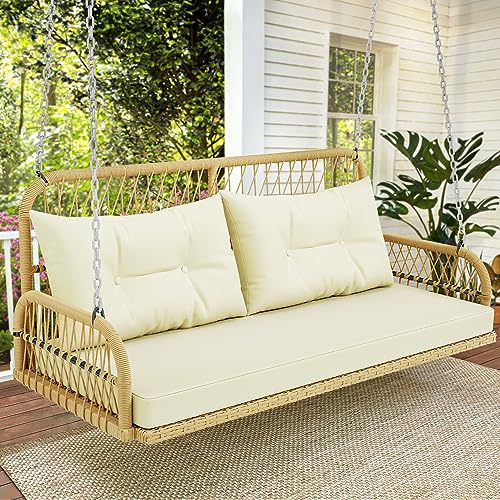 YITAHOME Porch Swing Hanging Wicker Swing Rattan Patio Swing Lounge Swing Chair Hammock Swing Chair Cushions 550lbs for Garden, Patio, Balcony, Living Room, Beige
