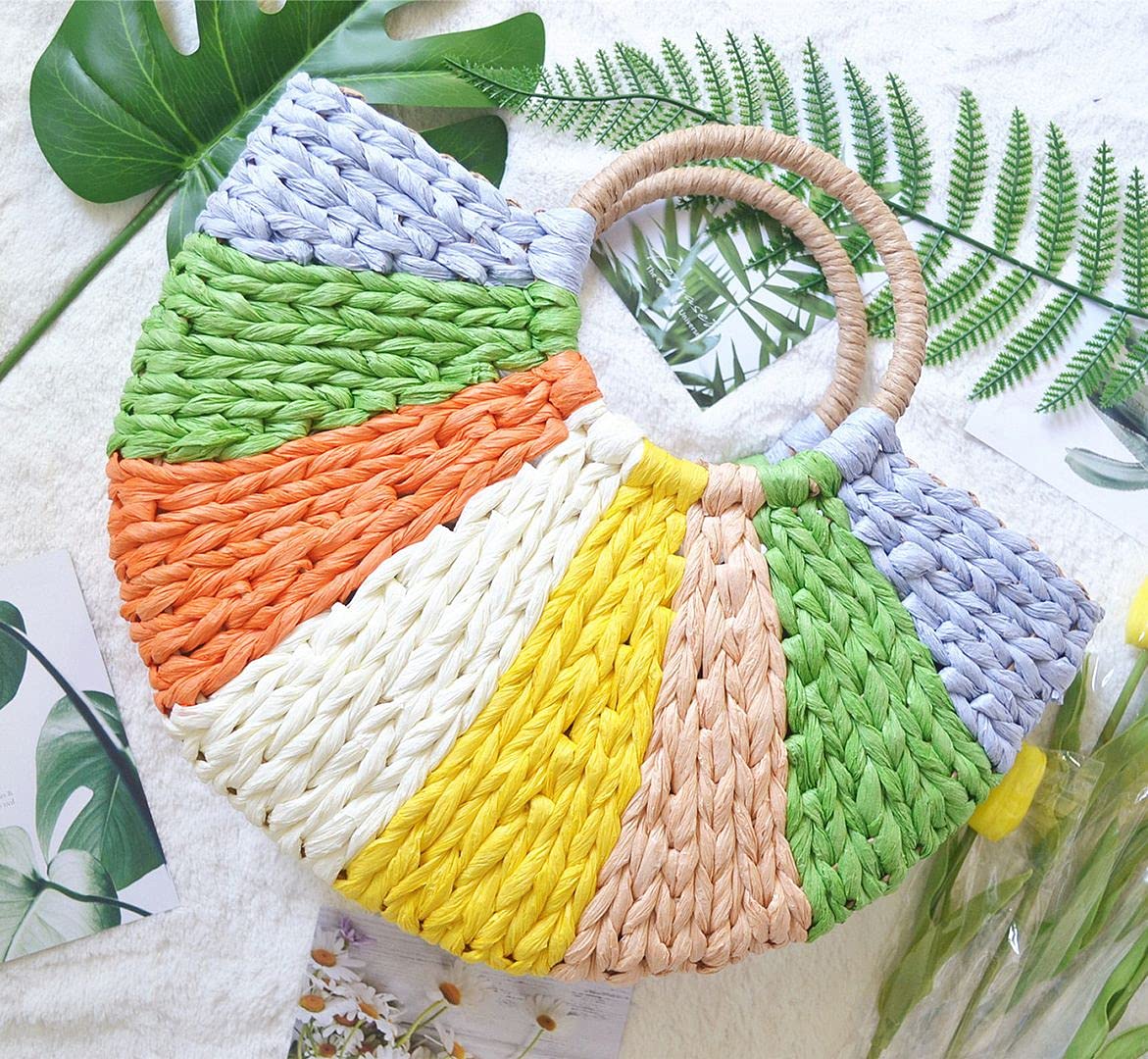 QZUnique Straw Handbags Rainbow Stitching Top Handle Tote Women's Summer Beach Natural Casual Satchel Shoulder Bag