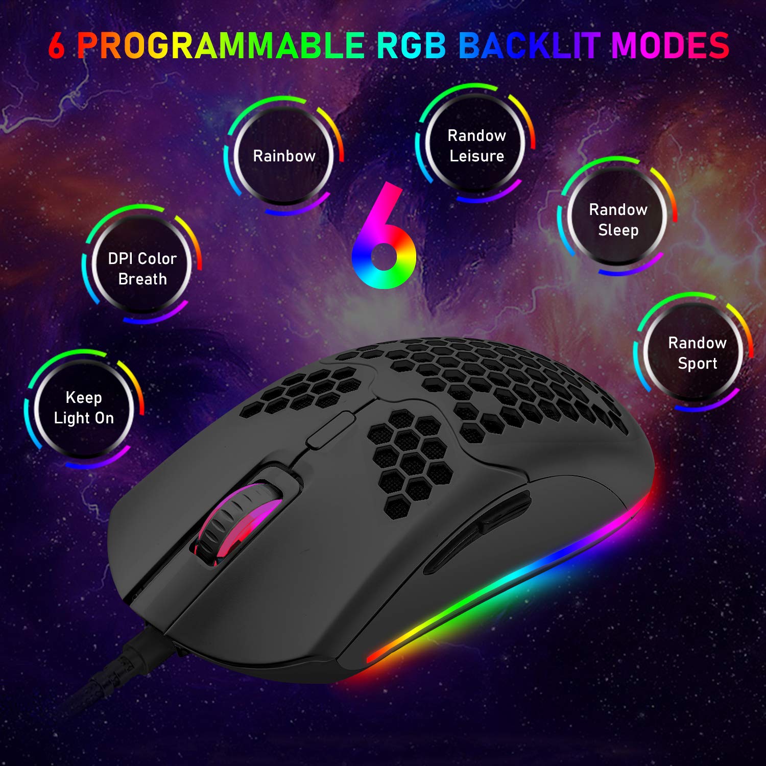 Mechanical Gaming Keyboard and Lightweight Honeycomb Mouse Combo with Rainbow RGB Backlit Full Anti-ghosting 61 Key Ergonomic Programmable Mice Wired USB for Laptop PC Gamer Typist(Black/Blue Switch)