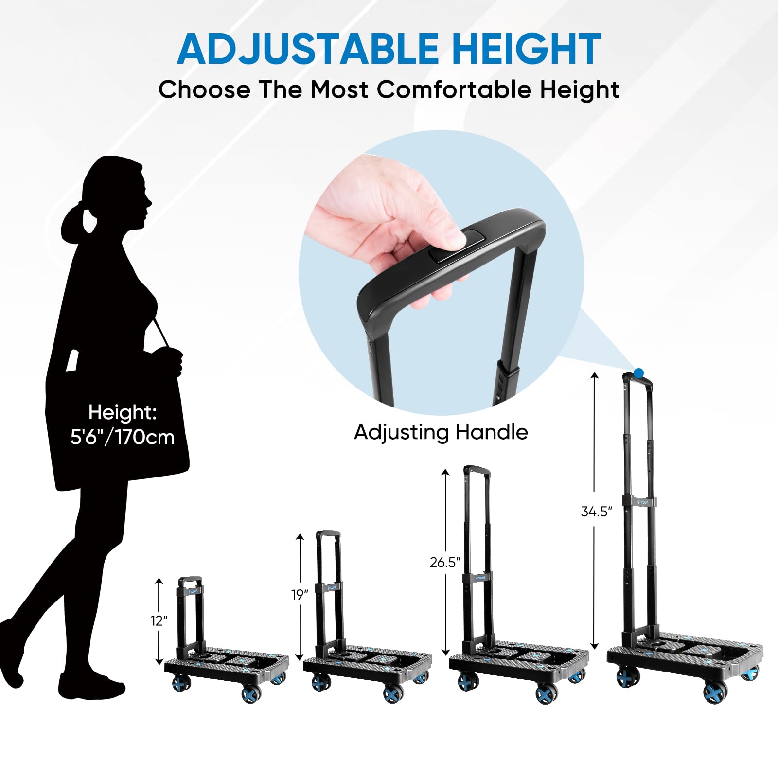 TICONN Folding Hand Truck Dolly, Portable Dolly with Adjustable Handle,Lightweight Luggage Utility Cart with 4 Rotate Wheels