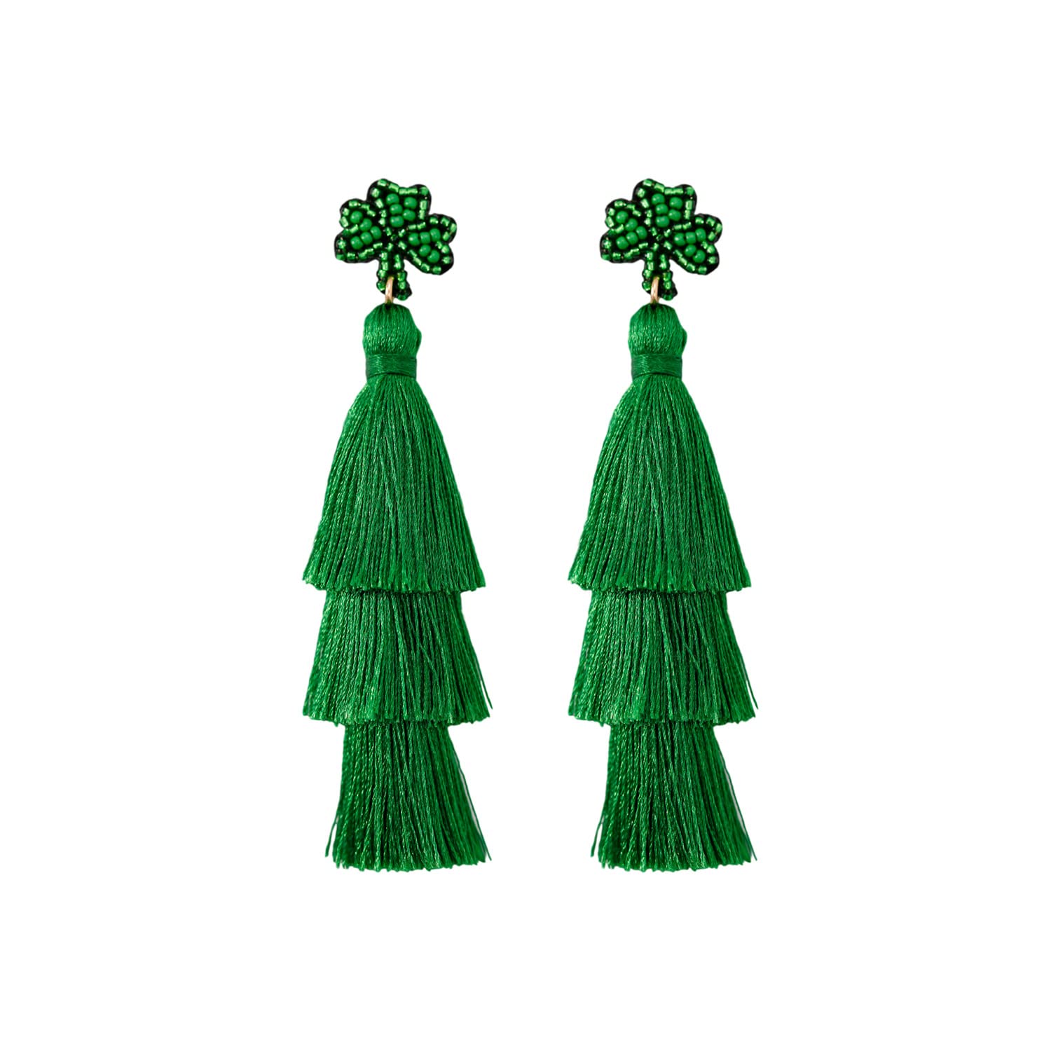 St.Patricks Day Earrings Green Clover Shamrock Beaded Earrings Handmade long Tassel Statement Dangle Earrings Jewelry for Women (St.patricks Earrings A)