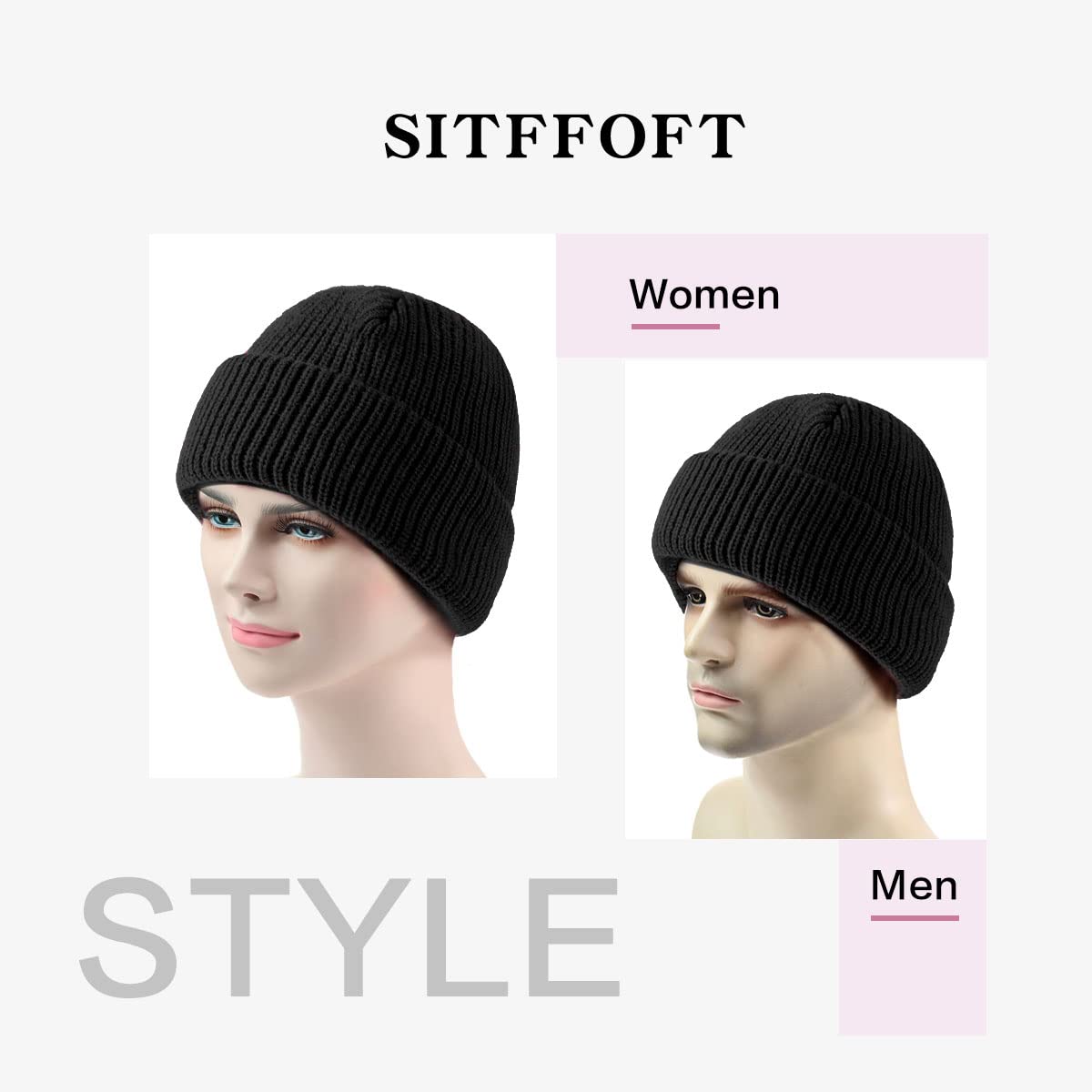 SITFFOFT Black Beanie Hats for Men Women Winter Warm Soft Ribbed Skullcap Knit Fisherman Beanies Ski Hat Unisex