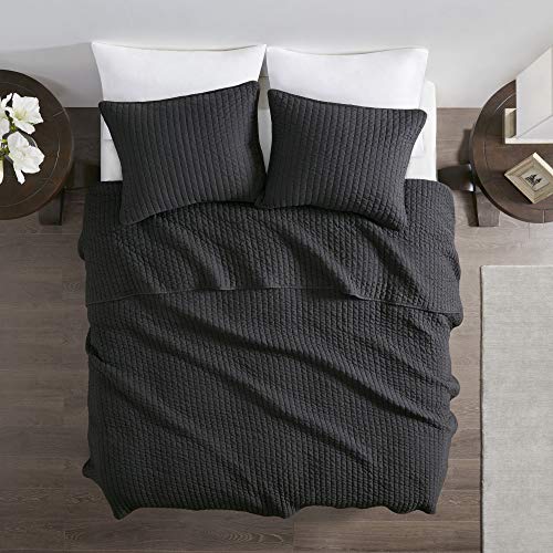 Madison Park Keaton Quilt Set-Casual Channel Stitching Design All Season, Lightweight Coverlet Bedspread Bedding, Shams, Full/Queen(90"x90"), Stripe Black
