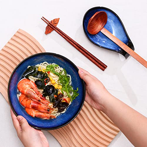uniidea Ramen Bowl, Japanese Ramen Bowls Set, Large Ceramic Asian Pho Soup Bowl 42 oz with Chopsticks and Spoon, Big Noodle Bowls Blue,2 Sets (6 Pieces)