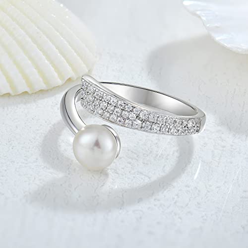STARCHENIE Pearl Rings for Women Sterling Silver,7mm Pearl Cubic Zirconia Adjustable Rings for Women size7