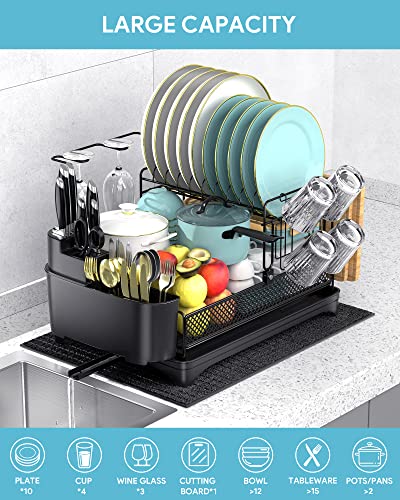 Lvtrupc Dish Drying Rack - Large-Capacity Dish Rack for Kitchen Counter, Stainless Steel Dish Drainer, 2-Tier Kitchen Dish Drying Rack for Dishes, Cutlery and Wine Glasses with Extra Dryer Mat