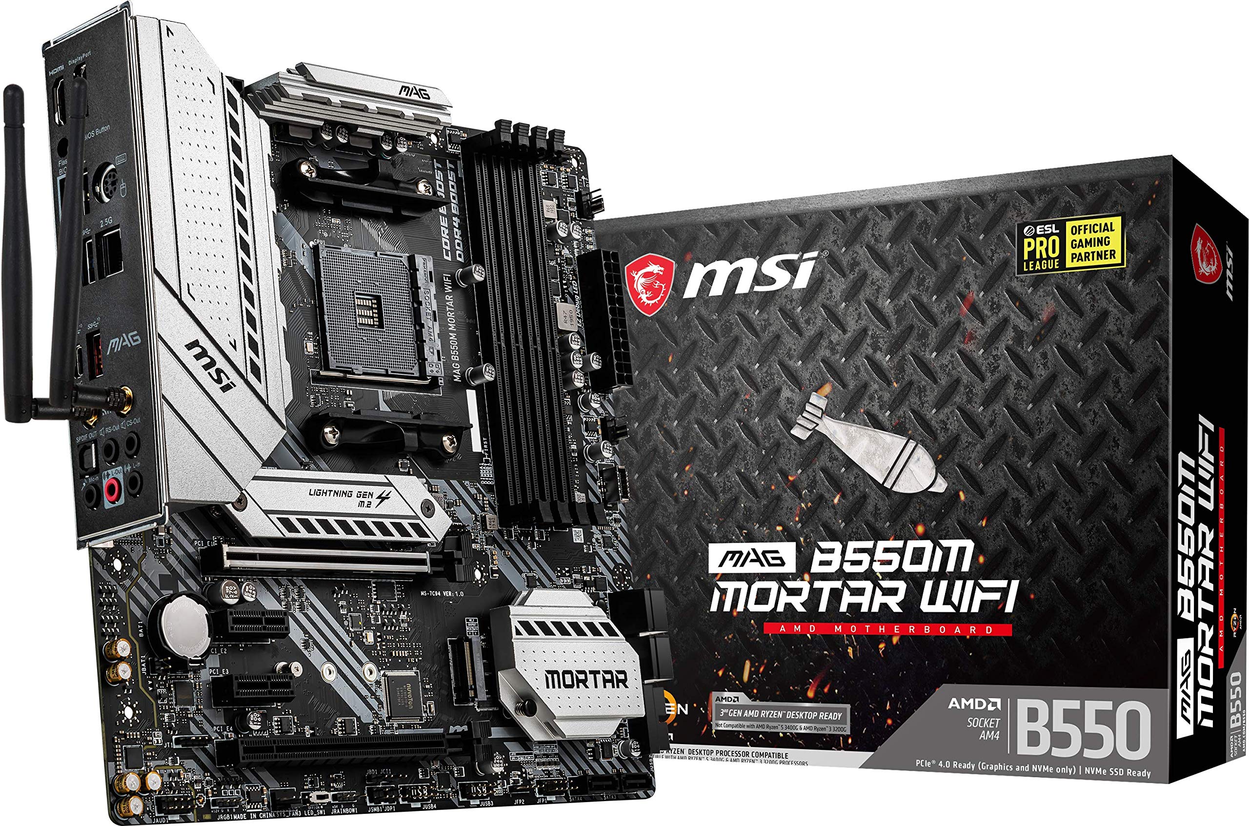 MSI MAG B550M Mortar WiFi Gaming Motherboard (AMD AM4, DDR4, PCIe 4.0, SATA 6Gb/s, M.2, USB 3.2 Gen 2, AX Wi-Fi 6, HDMI/DP, Micro-ATX, AMD Ryzen 5000 Series Processors)