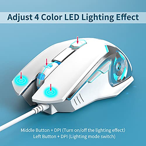 NACODEX AJ120 White Gaming Mouse Programmable 6 Buttons, 4 Adjustable DPI Up to 8000 for Window PC Gamer with Electroplating Wings Design
