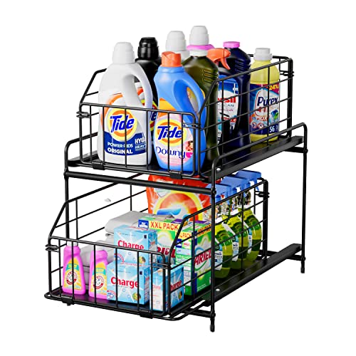 Lxmons Pull Out Under Sink Organizer, 2 Tier Slide Out Cabinet Drawer Organizer, Metal Basket Home Shelf for Bathroom or Kitchen, Sliding Countertop or Pantry Organization Storage, Large Black