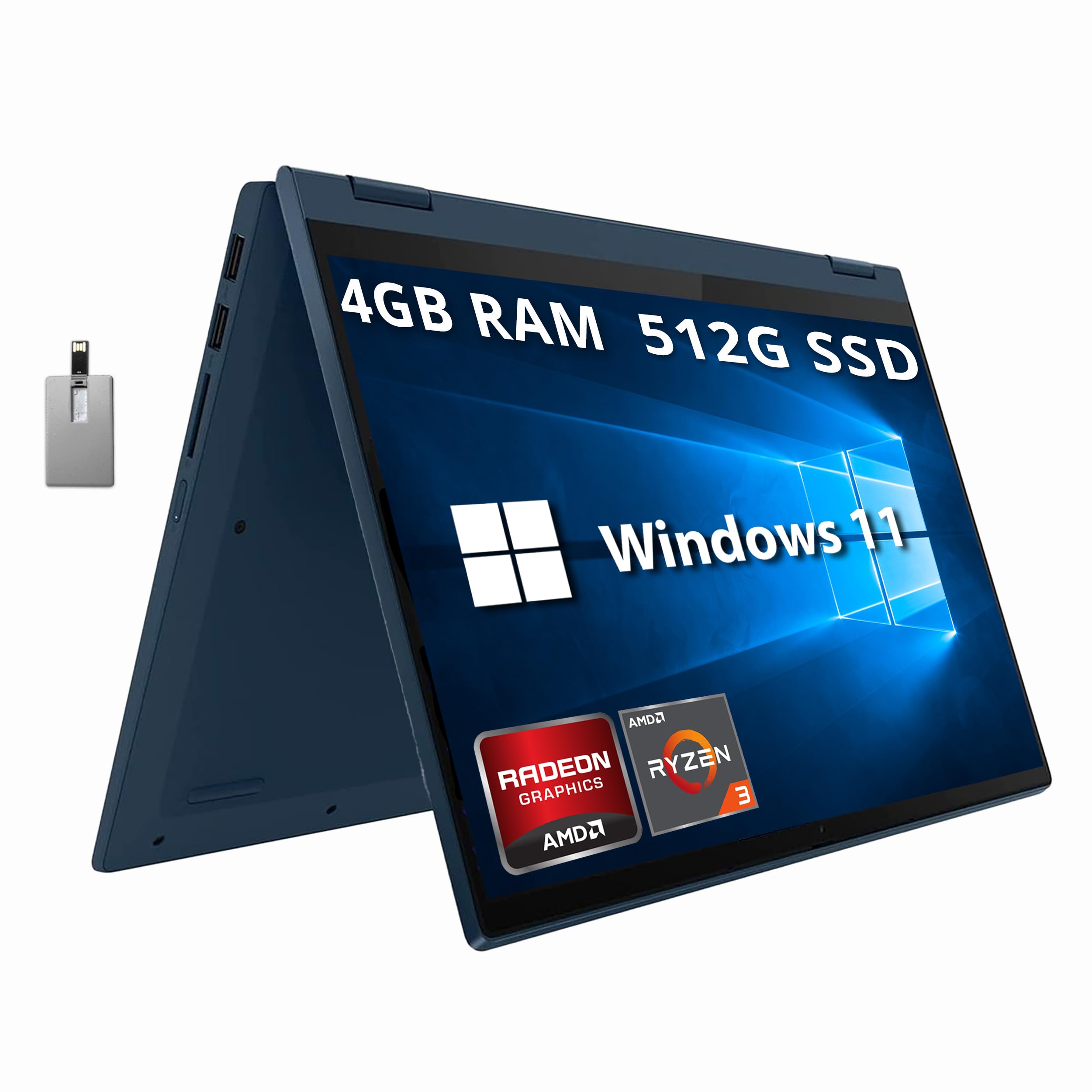 Lenovo IdeaPad Flex 5 14” FHD 2-in-1 Touchscreen Anti-Glare Laptop, AMD Ryzen 3-5300U, 4GB RAM, 512GB SSD, Backlit KB, FP Reader, Webcam with Shutter, Wi-Fi 5, Bluetooth, Blue, Win 11, 32GB USB Card