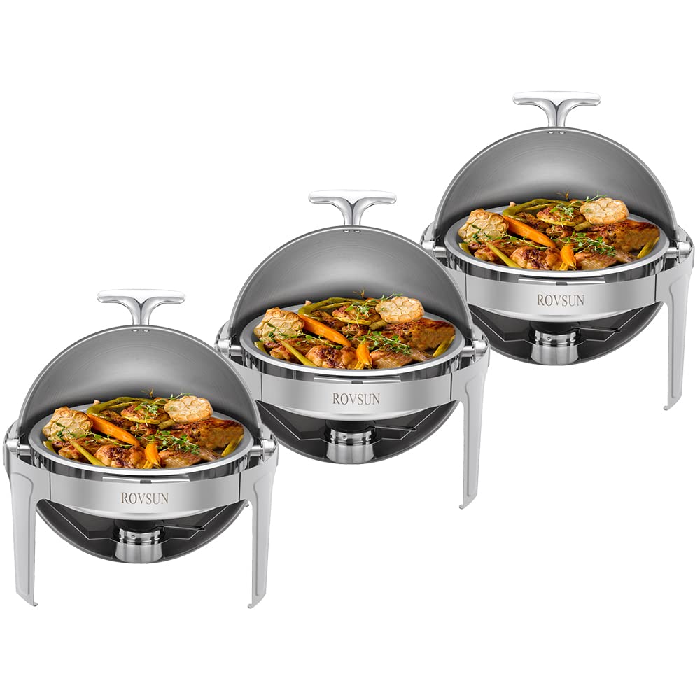 ROVSUN 3-Pack Roll Top Chafing Dish Buffet Set,6 Quart Full Size Pan Chafer, NSF Stainless Steel Round Set with Food Pan, Water Pan for Wedding, Parties, Banquet, Catering Events