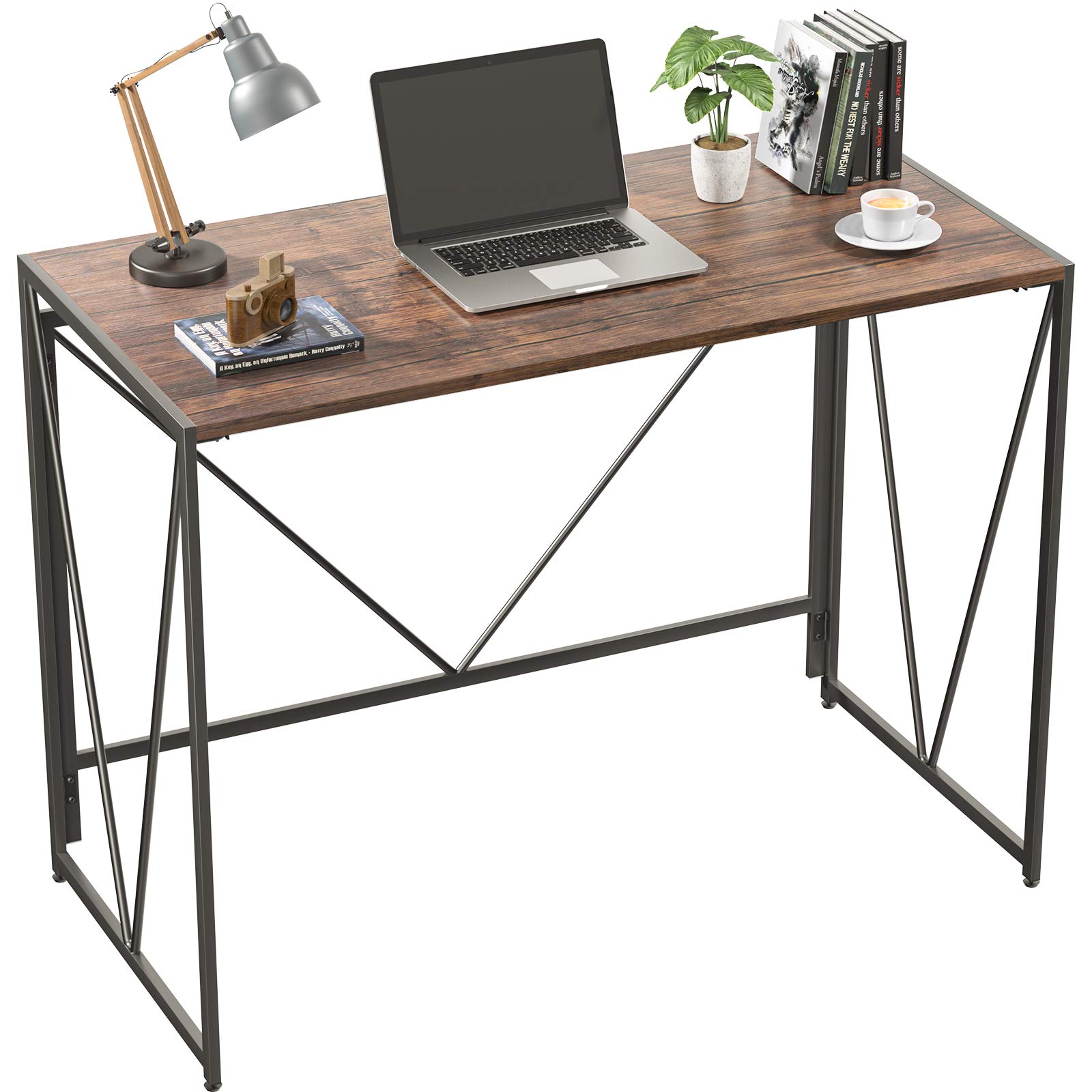 NOBLEWELL 39 inch Grained Brown Folding Computer Desk Table for Home Office