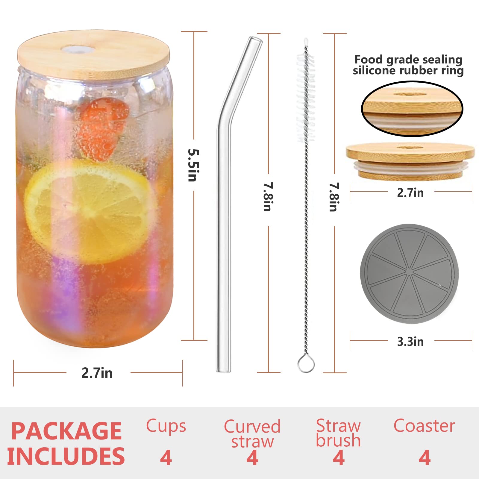 RoweLLsouL Glasses with Bamboo Lids and Clear Straws, 4 Pack 16oz Beer Glasses,Cute Tumbler Cup Iced Coffee Mug, Iced Coke Mug, Soda, Milk Tea,Gift - 4 Cleaning Brushes and 4 coasters