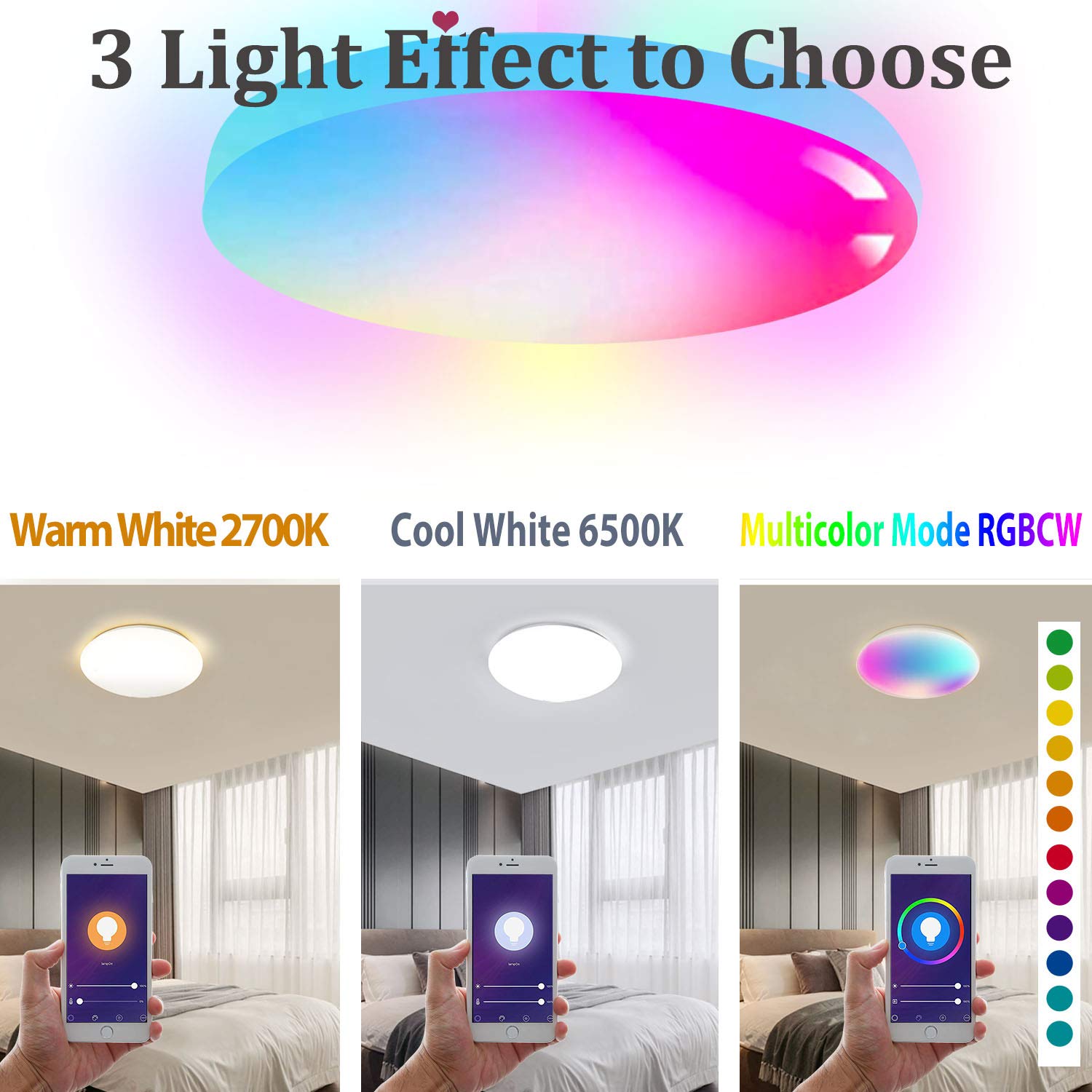 MikeWin Smart Ceiling Light Fixture 12Inch - 24W Smart Led Ceiling Light Ultra Thin Color Changing RGB Ceiling Light - app Control 2400lm 3000K-6500K Dimmable - Compatible with Alexa