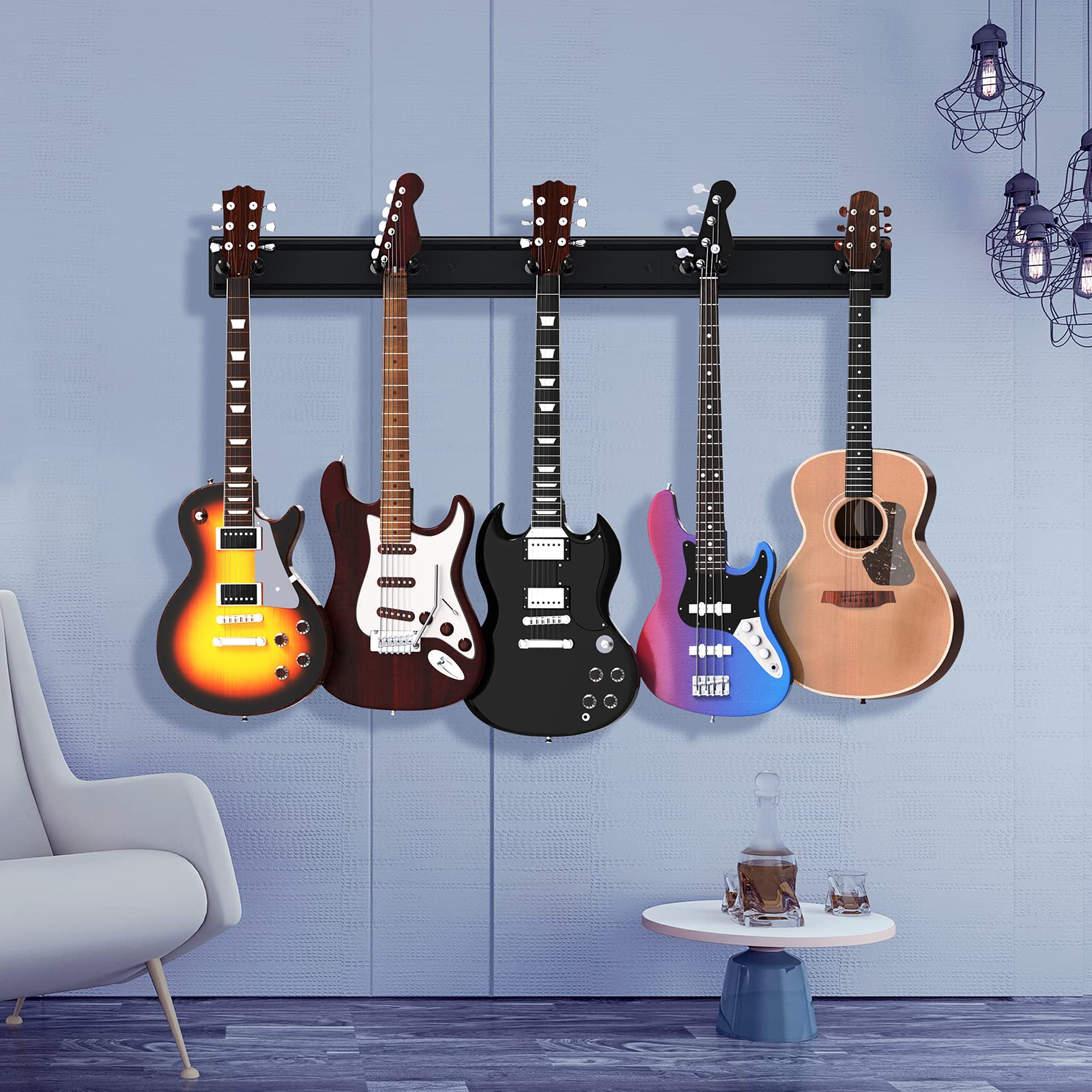 SKAEHP Guitar Wall Mount Hangers，with 10 Adjustable Ukulele Hooks, Premium Aluminum Bass Rack，Banjo Stand for Acoustic Electric Guitars,Violin, Mandolin and String Instruments（Black）