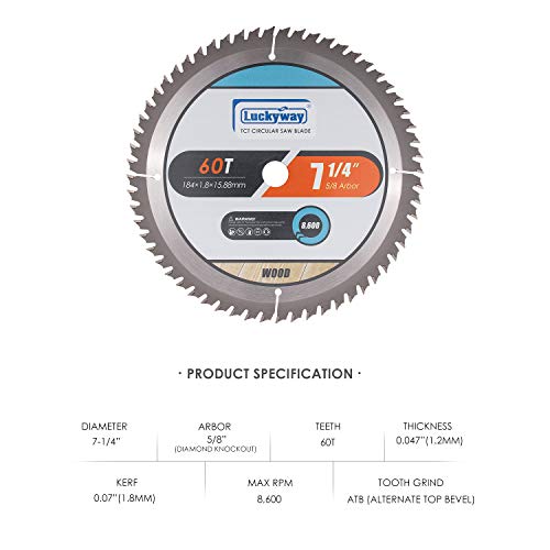 Luckyway 7-1/4 Inch 60T Finish with 5/8 Inch Arbor TCT Circular Saw Blade for Cutting Wood