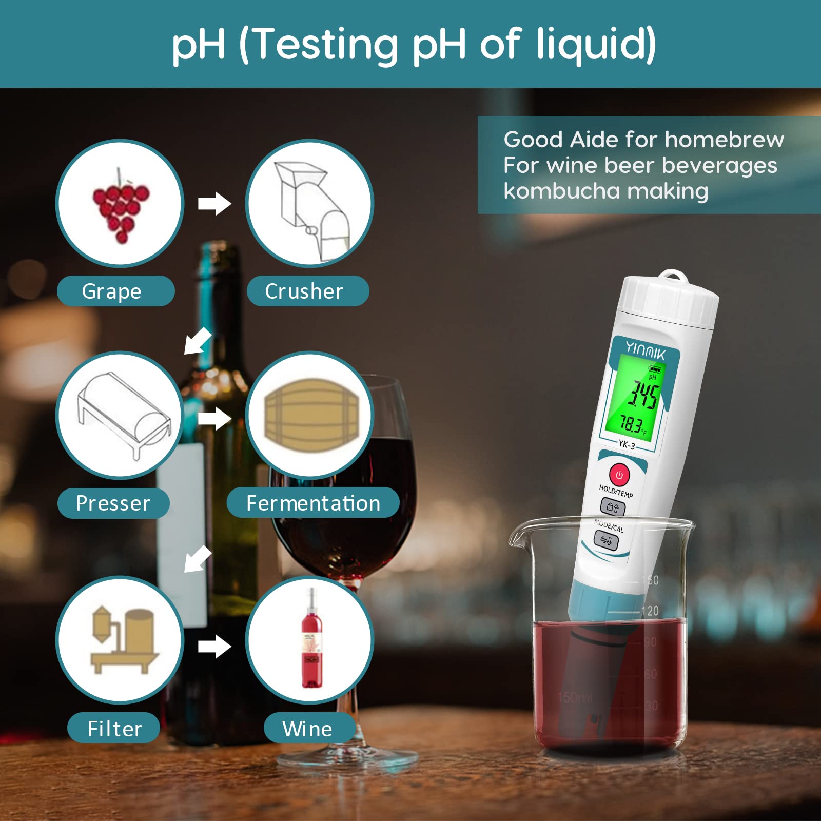 YINMIK PH PPM Tester with 15 Packets PH Calibration Buffer Powder