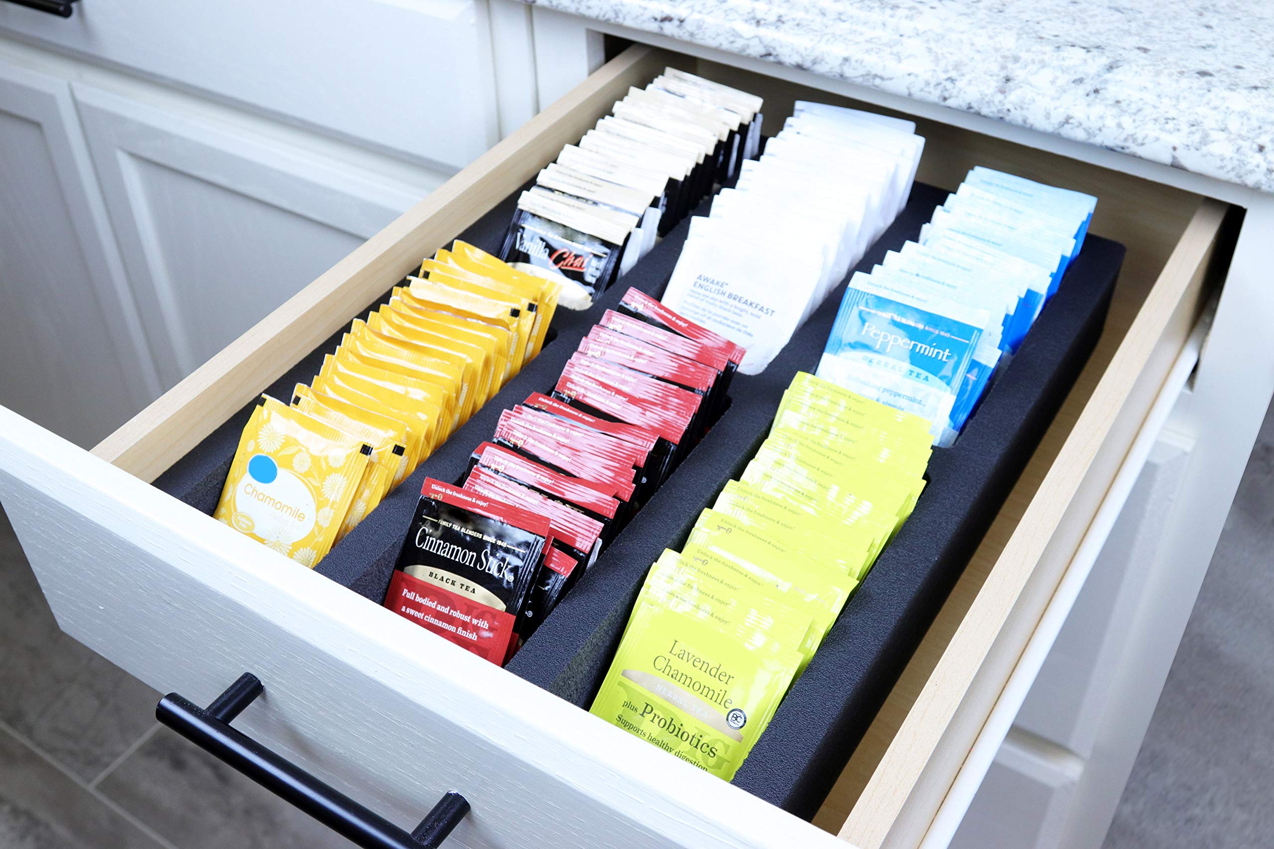 Polar Whale Tea Bag Storage Deluxe Organizer Tray Drawer Bin Insert for Kitchen Home Office Condiments Packets Waterproof Washable Black Foam 6 Compartment 11.9 X 15.9 Inches