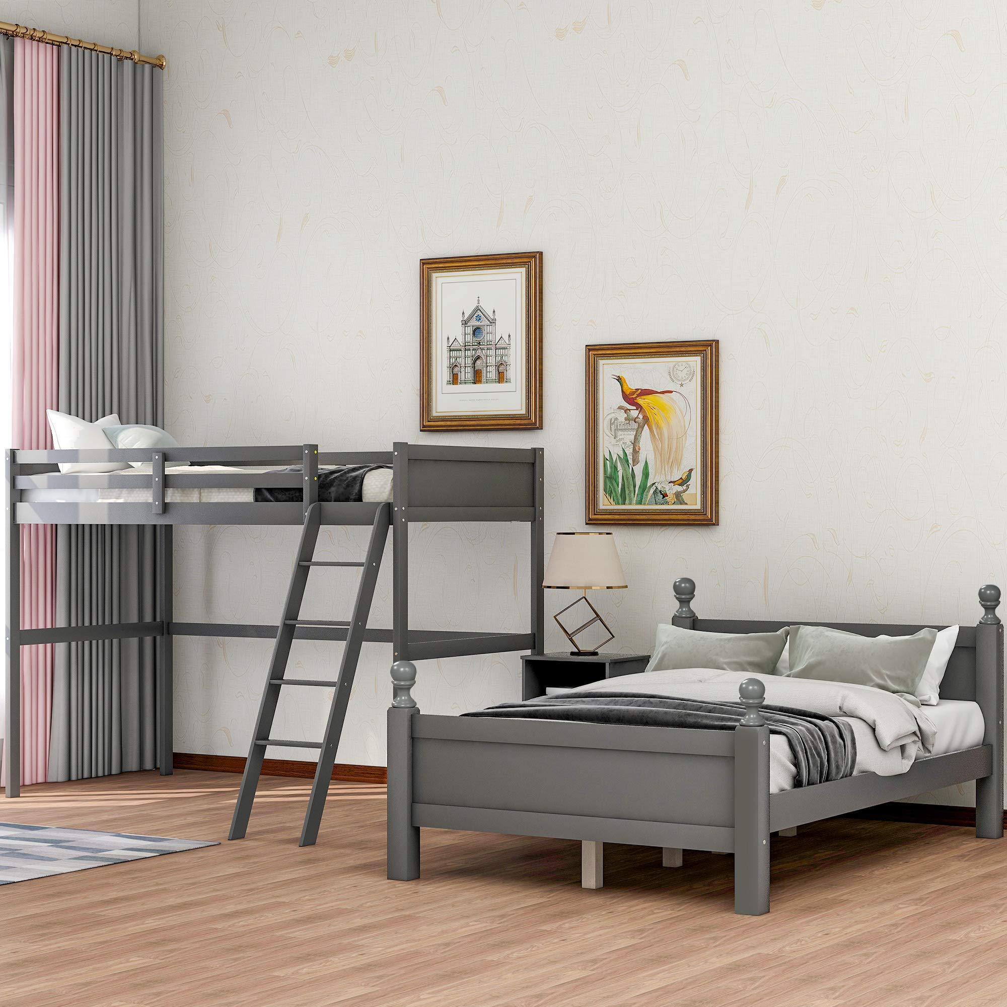 MERITLINE Twin Over Full Loft Bed for Kids, Wood Bunk Bed Twin Over Full with Night Stand L Shaped Twin Over Full Loft Bunk with Guardrail and Ladder