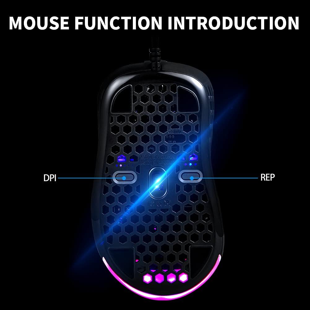 Lightweight Gaming Mouse, Honeycomb Design RGB Backlit Support Custom Buttons Maximum Support 12000DPI (Black)