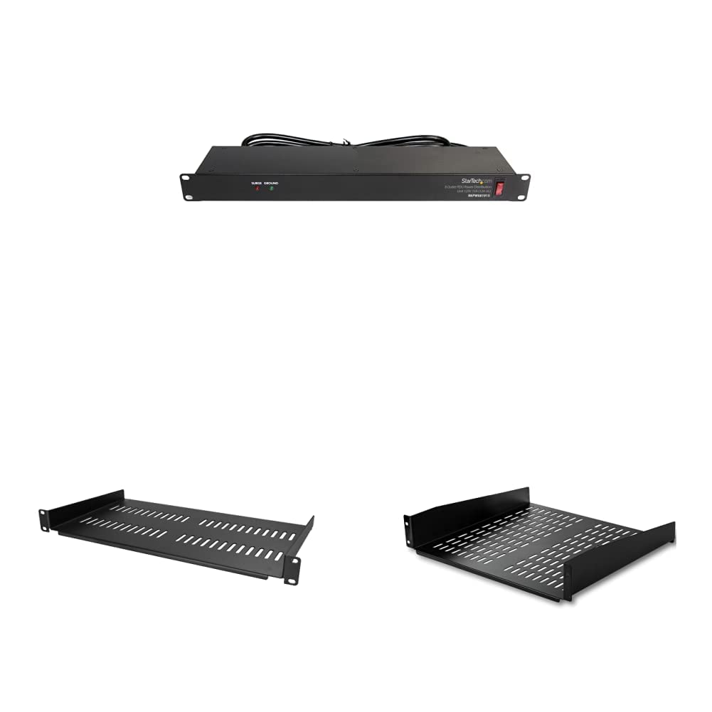 StarTech.com 8 Outlet Horizontal 1U Rack Mount PDU Power Strip & 1U Server Rack Shelf - Universal Vented Rack Mount Cantilever Tray, Black & 2U Server Rack Shelf - Universal Vented Rack