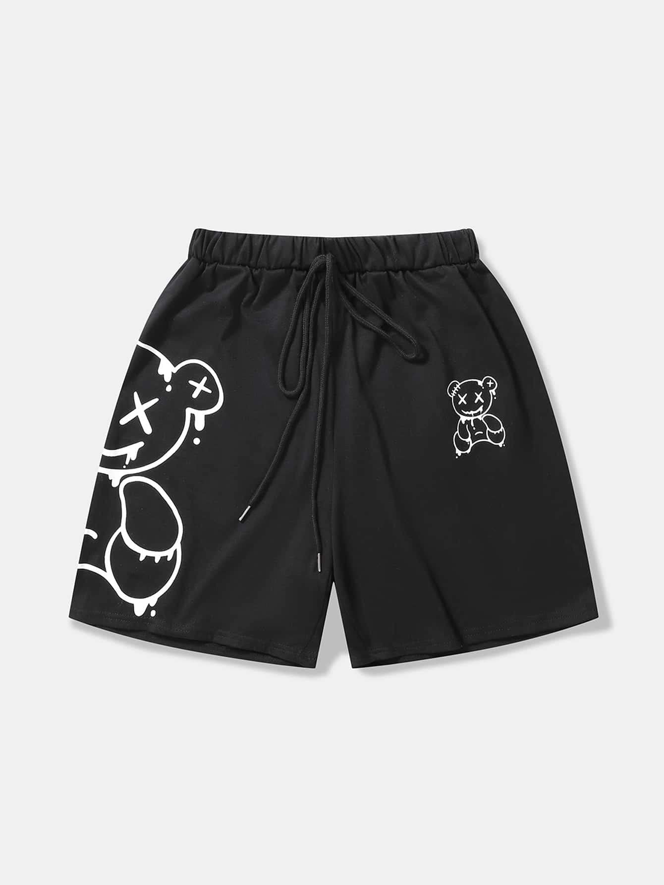 SHENHE Women's Cartoon Bear Print Elastic High Waisted Drawstring Loose Shorts Black XL