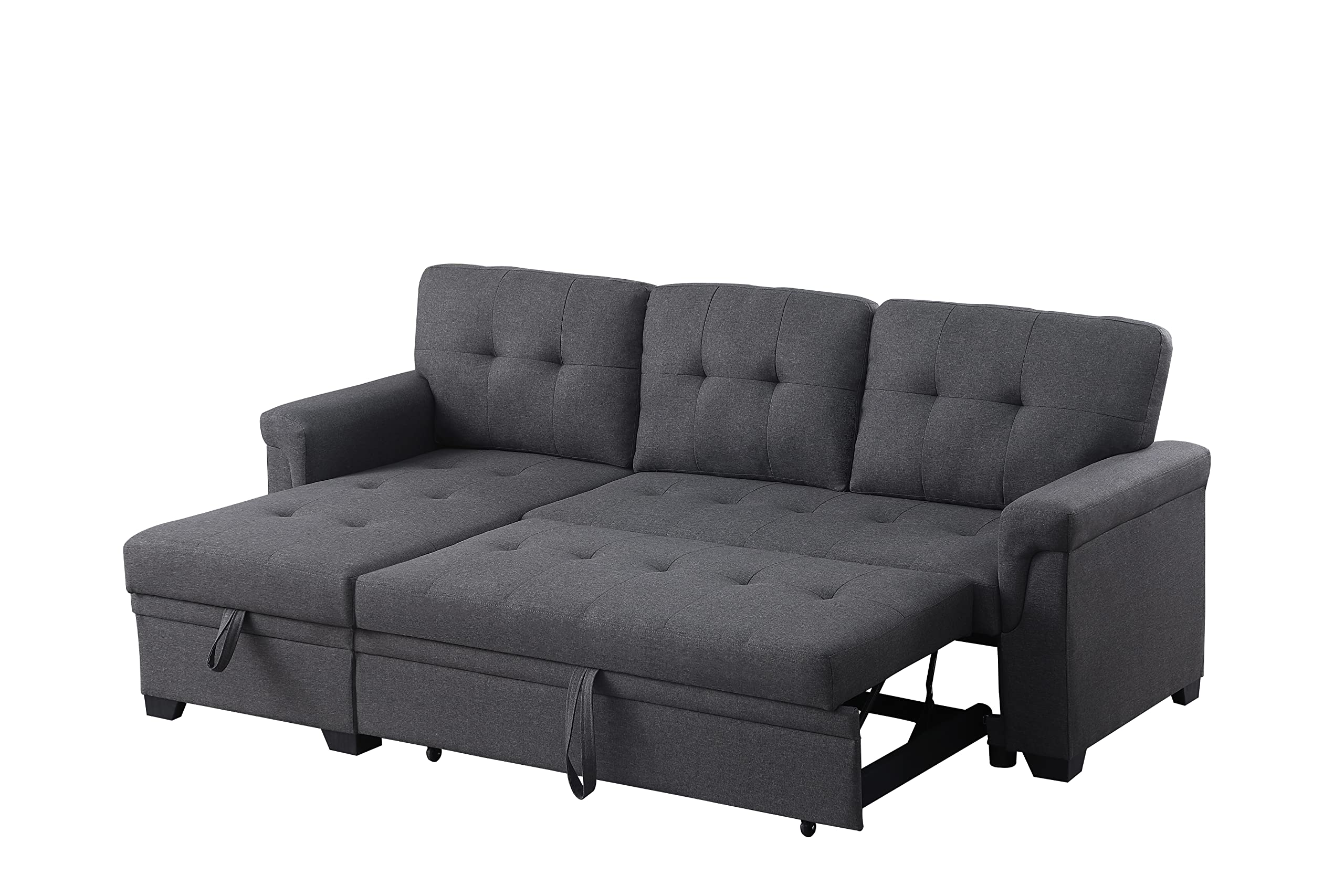 L-Shape Convertible Sleeper Sectional Sofa with Storage Chaise and Pull-Out Bed, Linen Upholstered Reversible Corner 3 Person Couch, for Living Room, Apartment, 84, Dark Gray-4