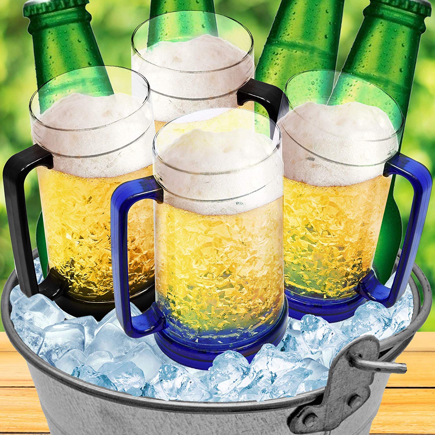 Patiomos Drinking Glasses Cups, Double Wall Gel Freezer Beer Mugs, Freezer Ice Mugs Cups, 16oz, Plastic Cooling Beer Mug Clear Set of 4 (2Blue and 2Black)