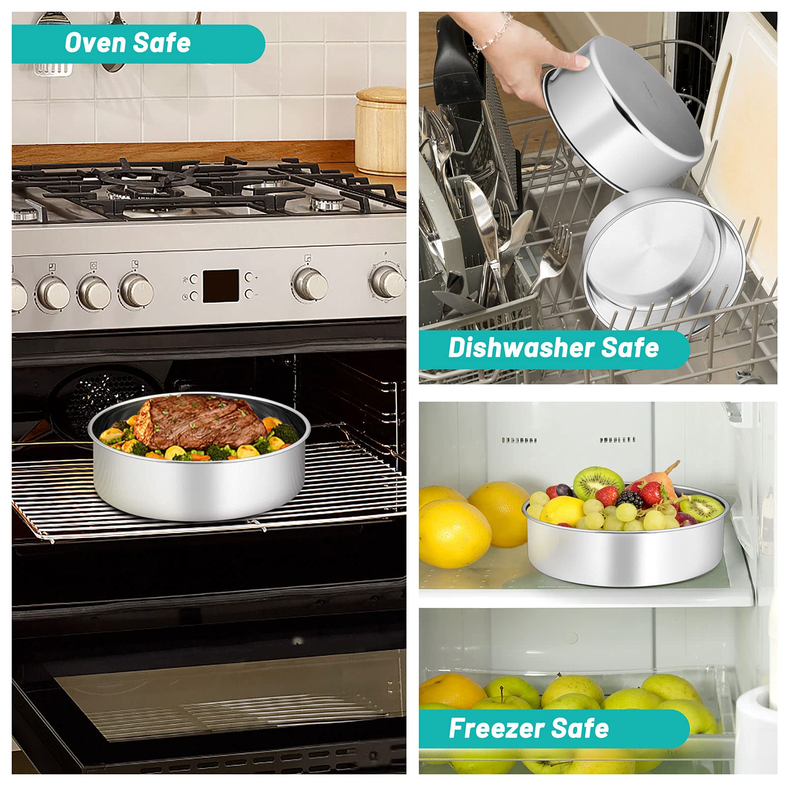 TeamFar 6/8 / 9 Inch Cake Pan, Stainless Steel Round Baking Pan for Cake Brownie Lasagna, Non-Toxic & Heavy Duty, 3β Deep Wall & One Piece, Smooth & Dishwasher Safe-Set of 3