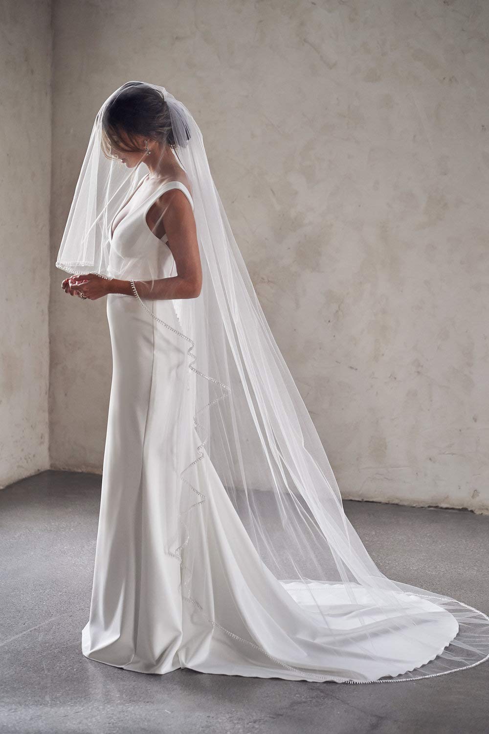 Passat Ivory 2Tiers Chapel Veils Double Pearl Wedding Veil Silk Satin Ribbon Bridal Veil For Wedding Blusher Pearls Trim Veil Wedding Gift