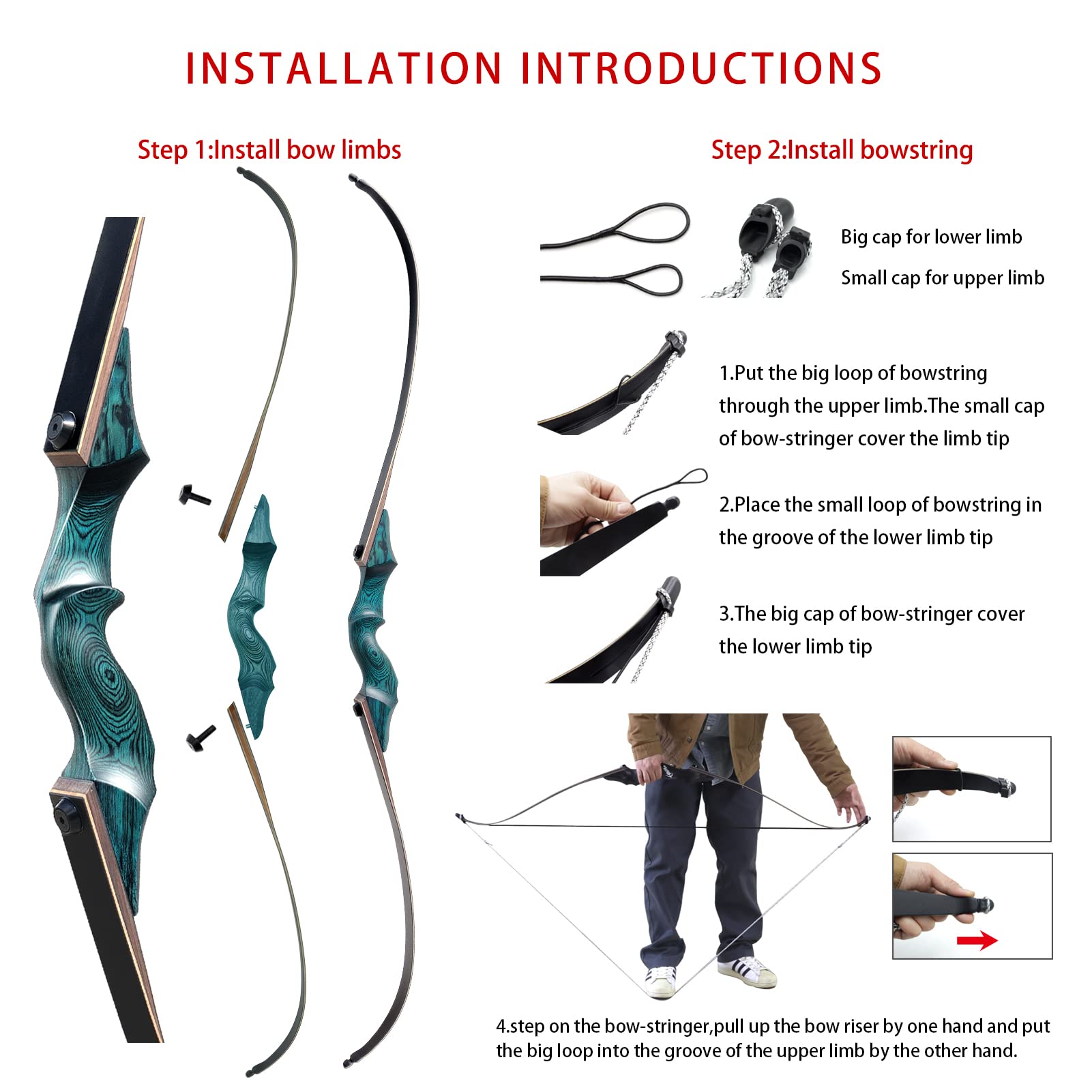 OBTOUTDOOR Black Hunter Original Recurve Bows Bow and Arrow for Adults Hunting Bow Archery Bow 60" 20-60lbs Right Hand Wooden Riser with Mixed Carbon Arrows for Shooting Hunting Competition (20lbs)