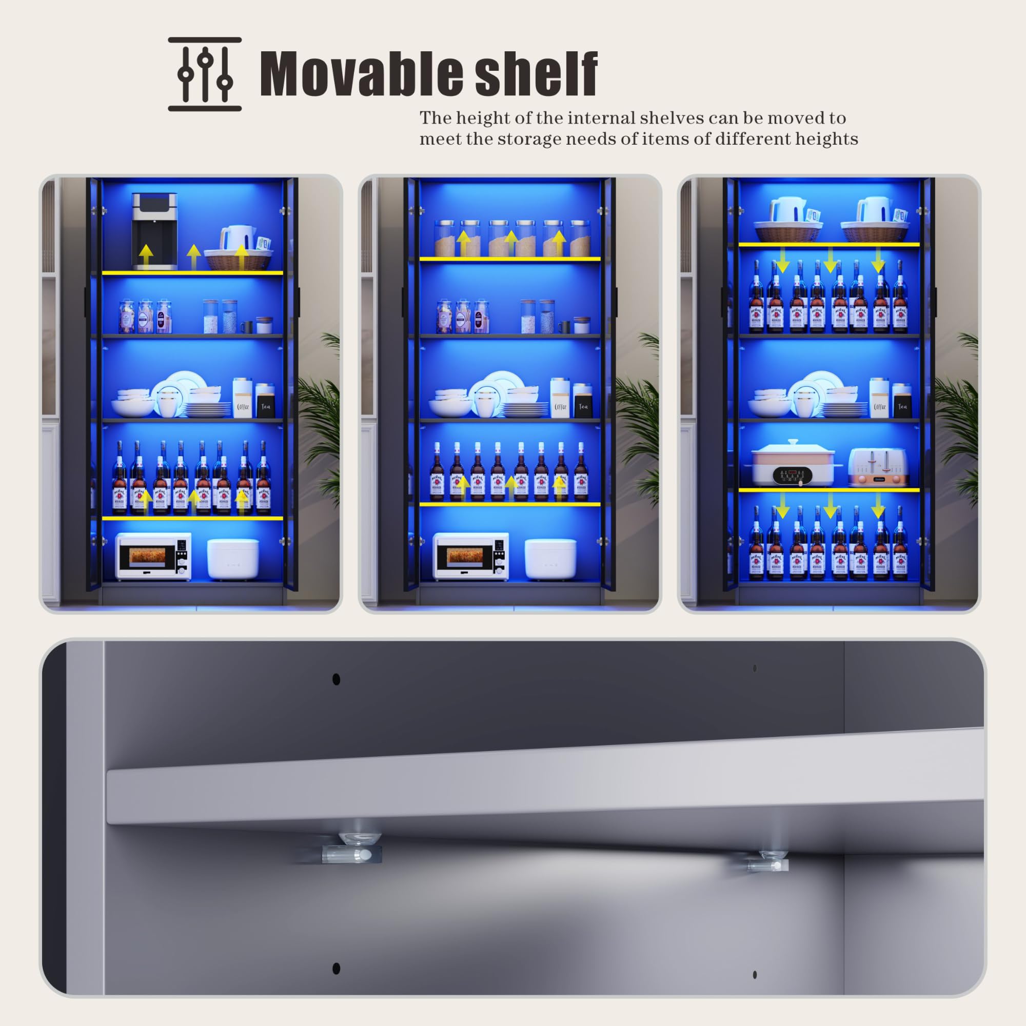 Storage Cabinet with Doors Adjustable Shelves - 65" Grey Tall Kitchen Pantry Organizer with Metal Handle/LED Lights/Human Sensor - 5 Tier Display Bookcase for Bedroom Living Room Office