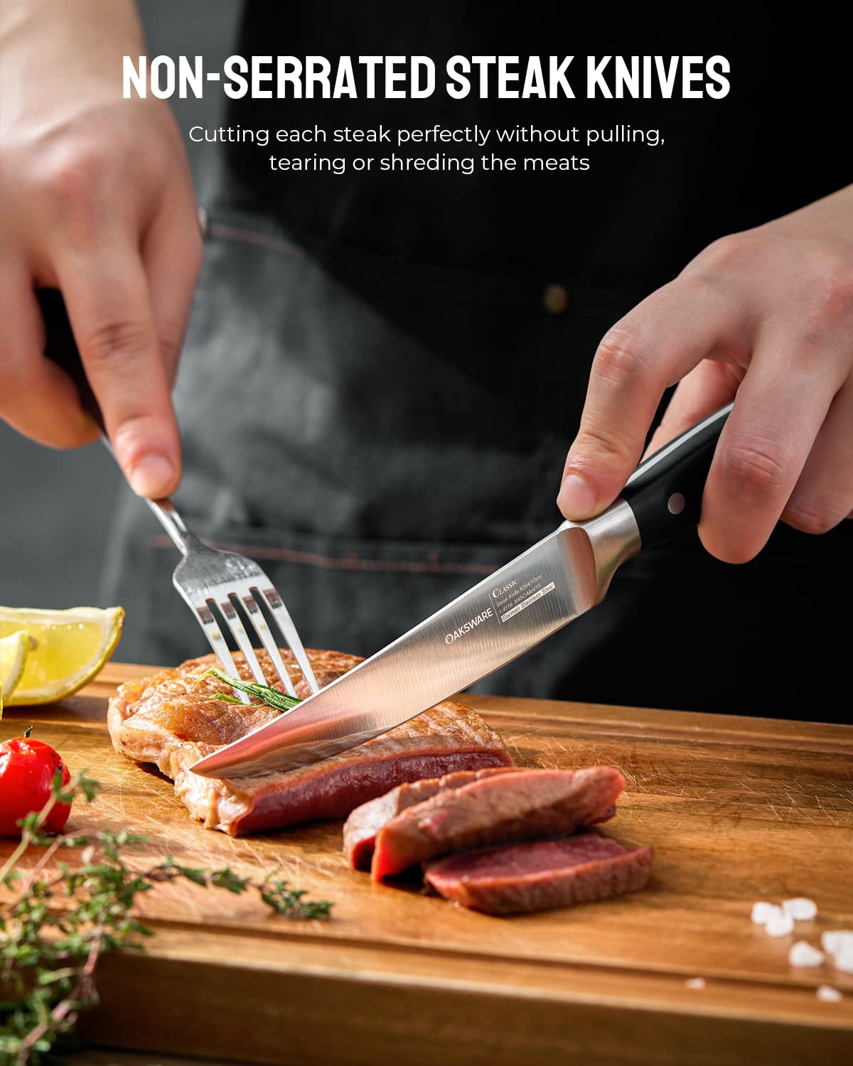 OAKSWARE Steak Knives Set of 8 with Walnut Block, 5 inch Non Serrated Steak Knife Set, 8 Pieces Straight Edge Kitchen Steak Knives - Forged German Steel - Full Tang Handle