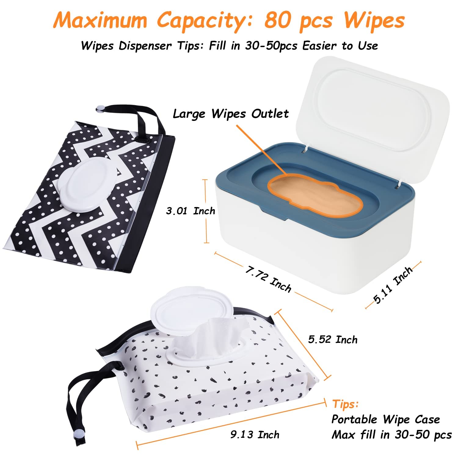 Wipes Dispenser with 2 Portable Wipe Cases, Wipe Holder for Baby & Adult, Seposeve Refillable Wipe Container, Keeps Wipes Fresh, One-Handed Operation. Easy Open/Close Wipes Pouch Case, (Light Blue)