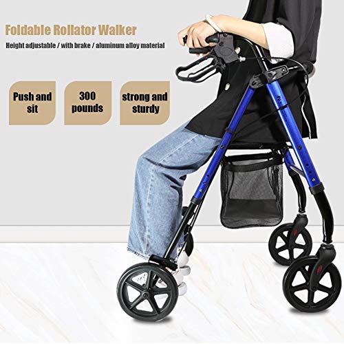 Steel Foldable Adult Transport Rollator Walker with 8” Wheels - Lightweight Walking and Mobility Aid with Seat and Pouch, Support up to 158kg/348lbs