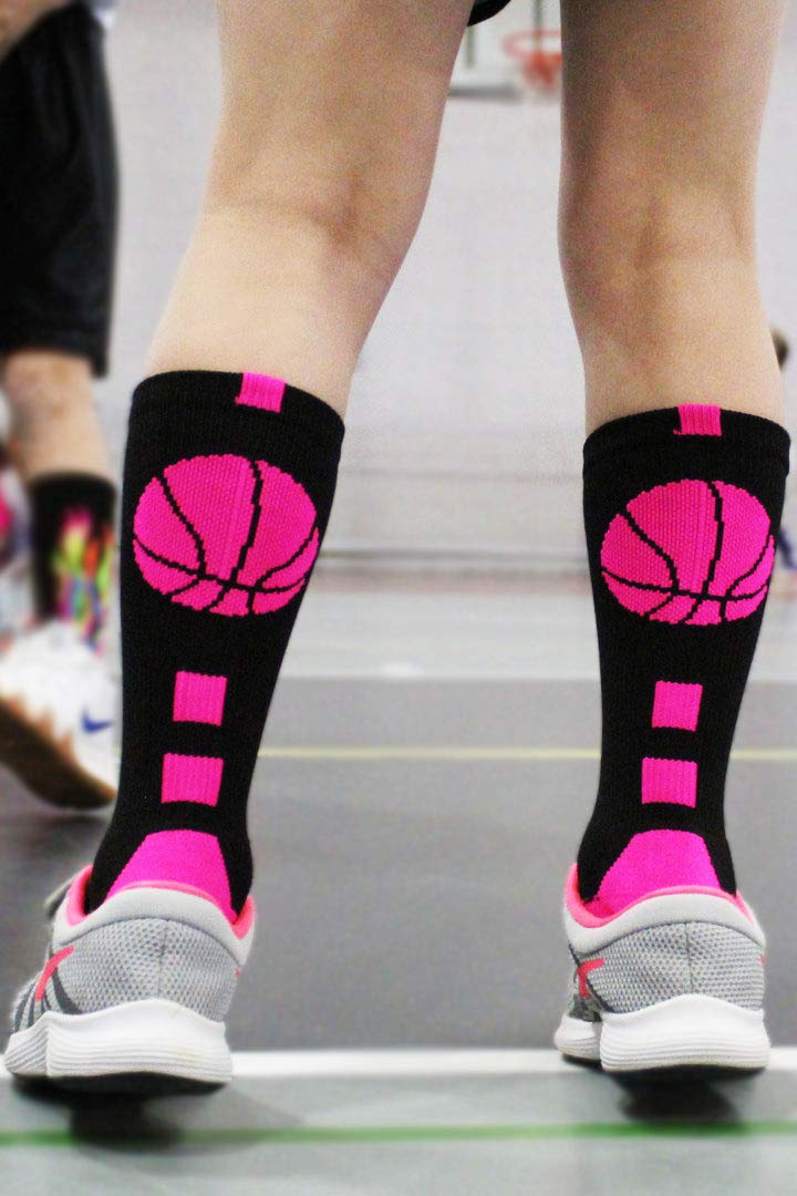 MadSportsStuff Basketball Socks with Basketball Logo Crew Socks (Black/Neon Pink, Small)