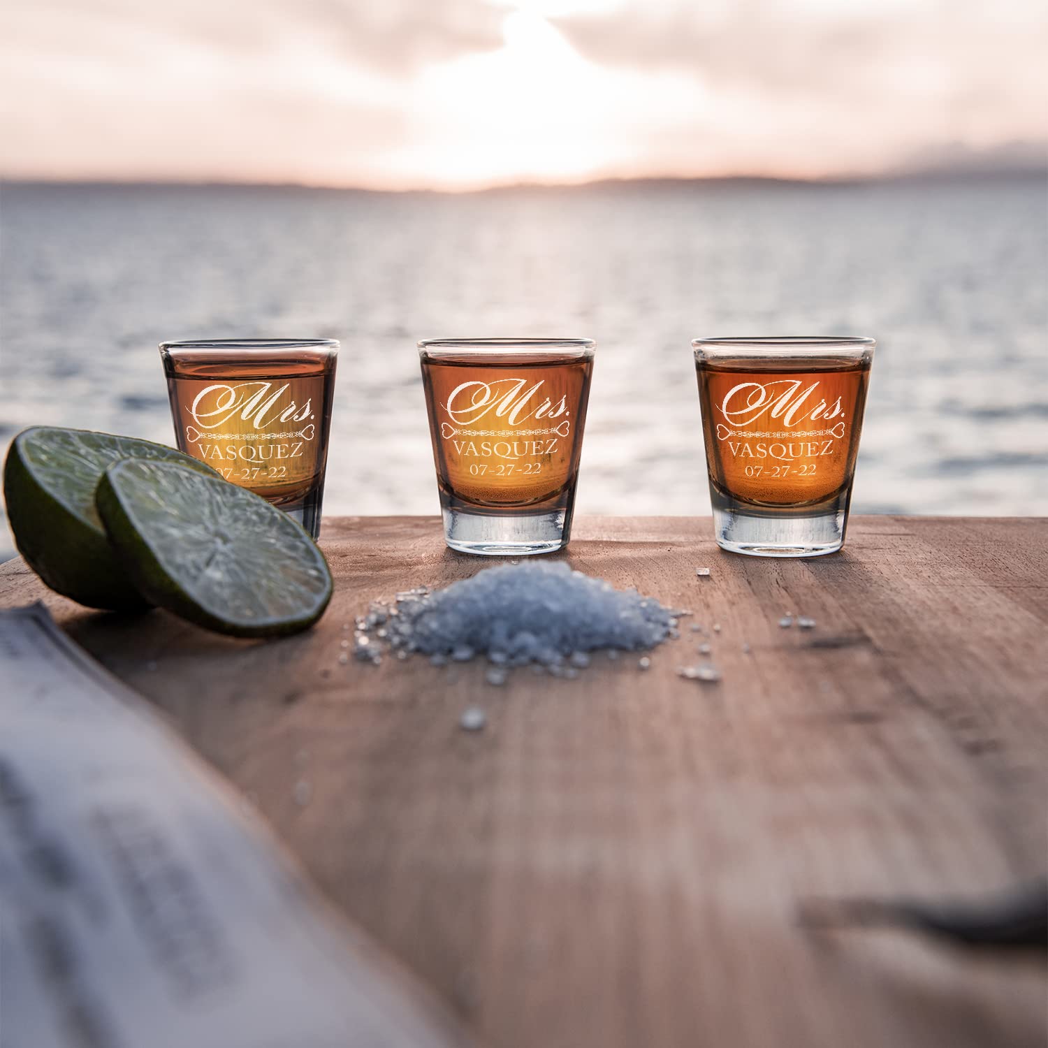 Personalized Mr and Mrs Shot Glasses Set 2oz Orange Bottom Custom Engraved for Couples, Wife and Husband, Fiance and Fiancee, Bride and Groom at Wedding Party, Anniversary and Engagements