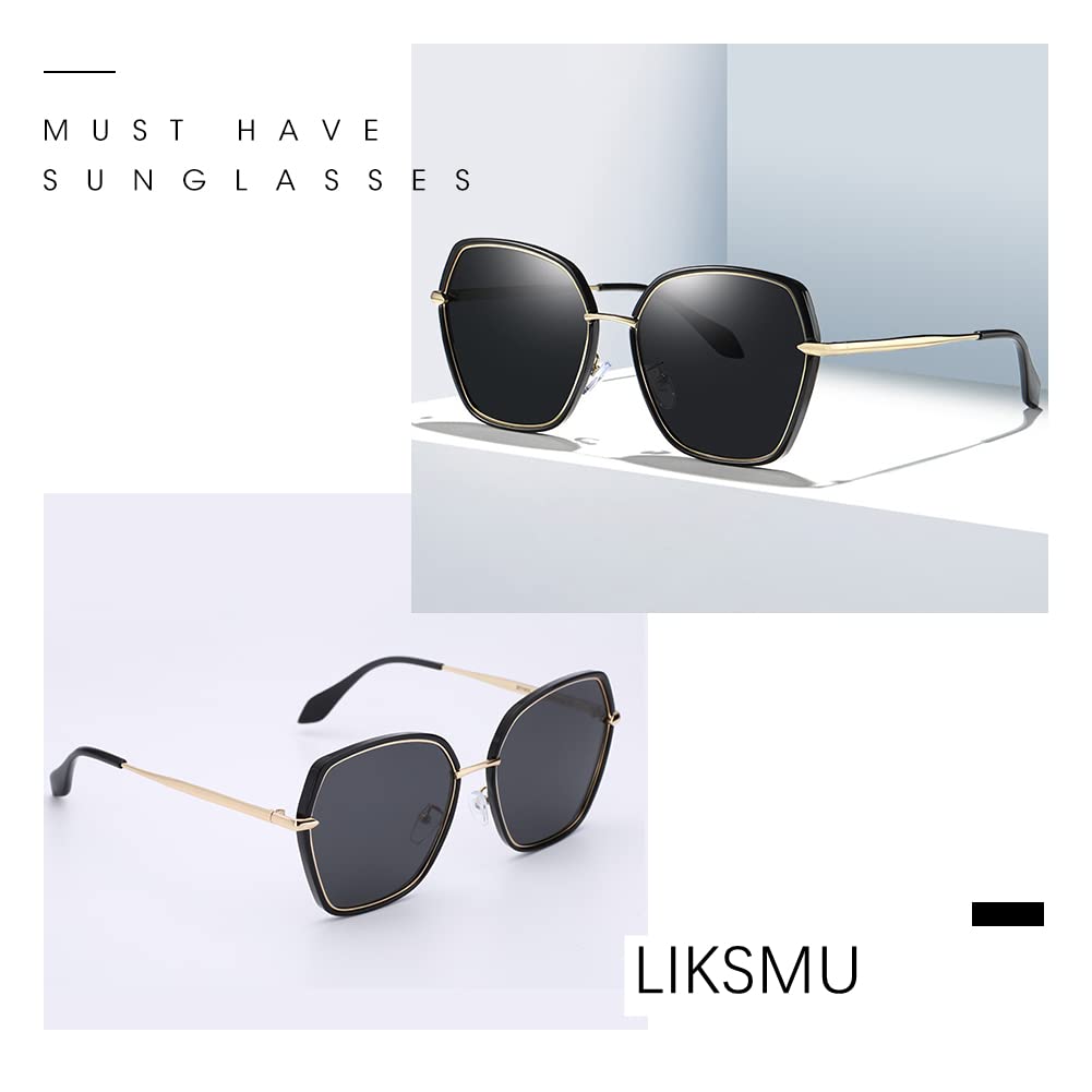 LIKSMU Oversized Polarized Sunglasses for Women Polarized UV Protection Designer Fashion Black Square Big Sun Glasses Black