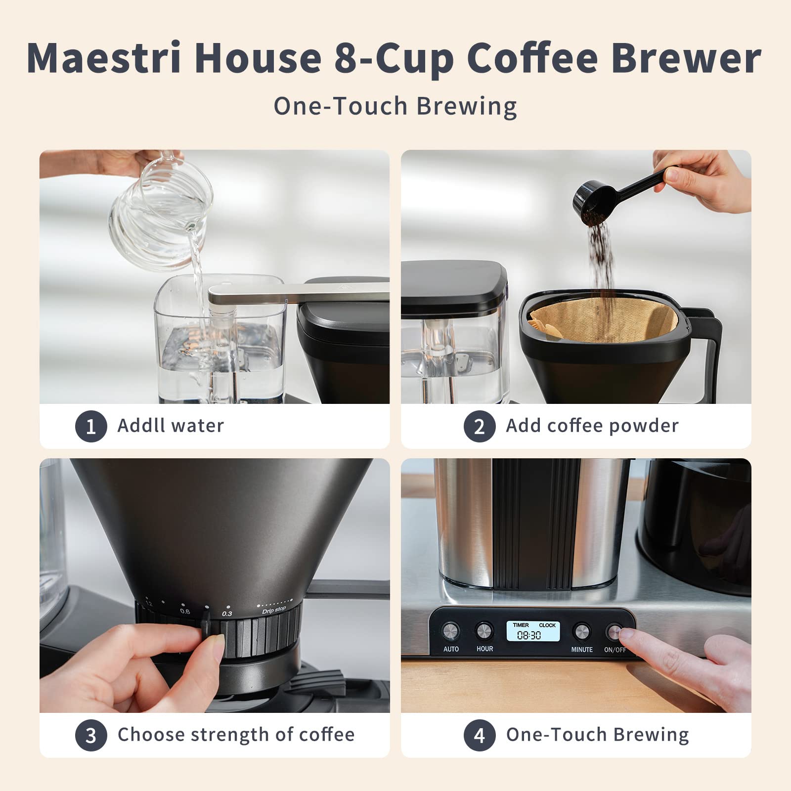 Maestri House Coffee Maker, 8-Cup Drip Coffee Machine with Stainless Steel, One-Touch Brewing and Adjustable Strength, Automatic Start, Glass Carafe and Keep Warm Plate, 1.2L Large Capacity Water Tank