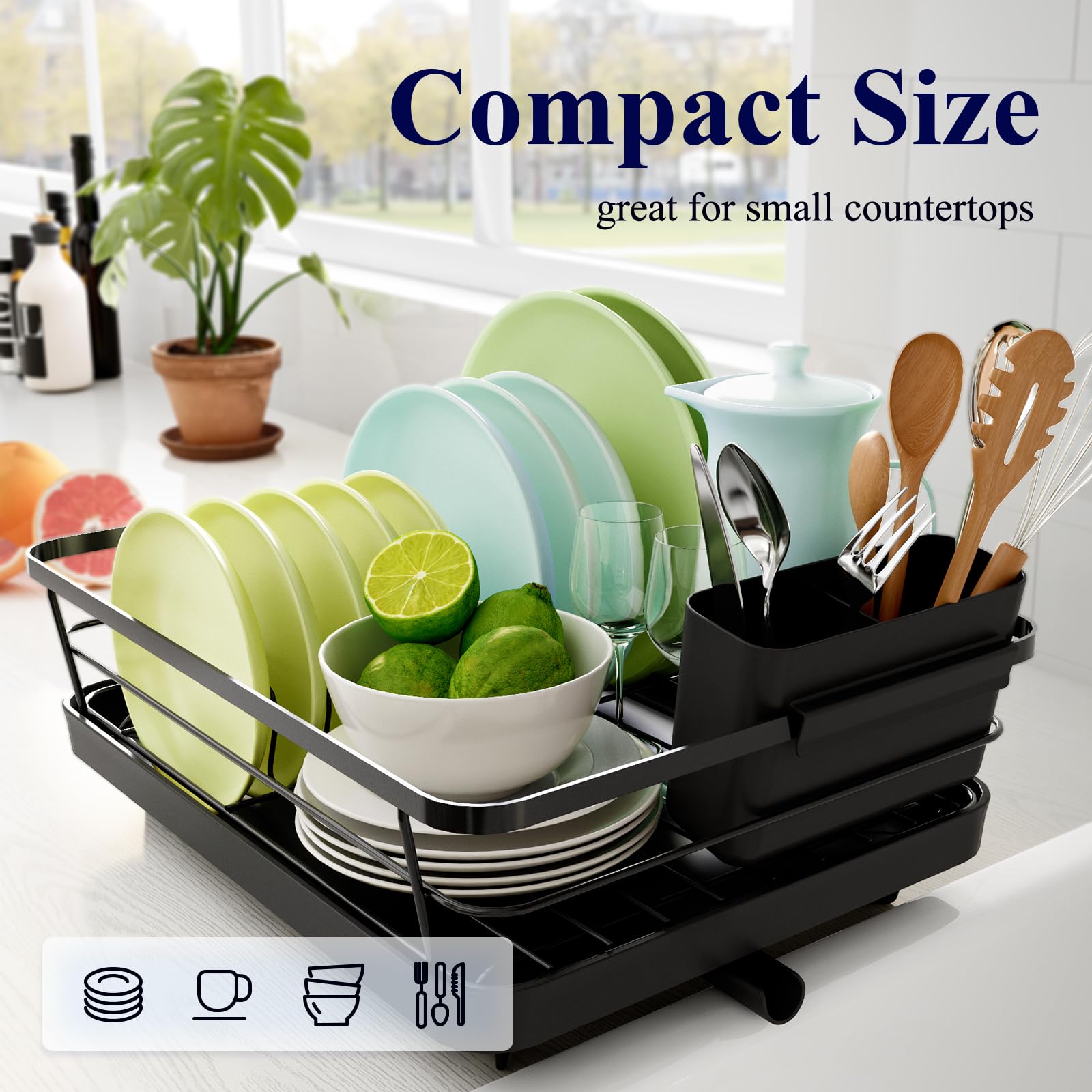Kitsure Dish Drying Rack - Small Dish Racks for Kitchen Counter, Dish Rack with Adjustable Water Outlet, Stainless Steel Dish Drainers for Kitchen Counter, Drying Rack for Kitchen, Black
