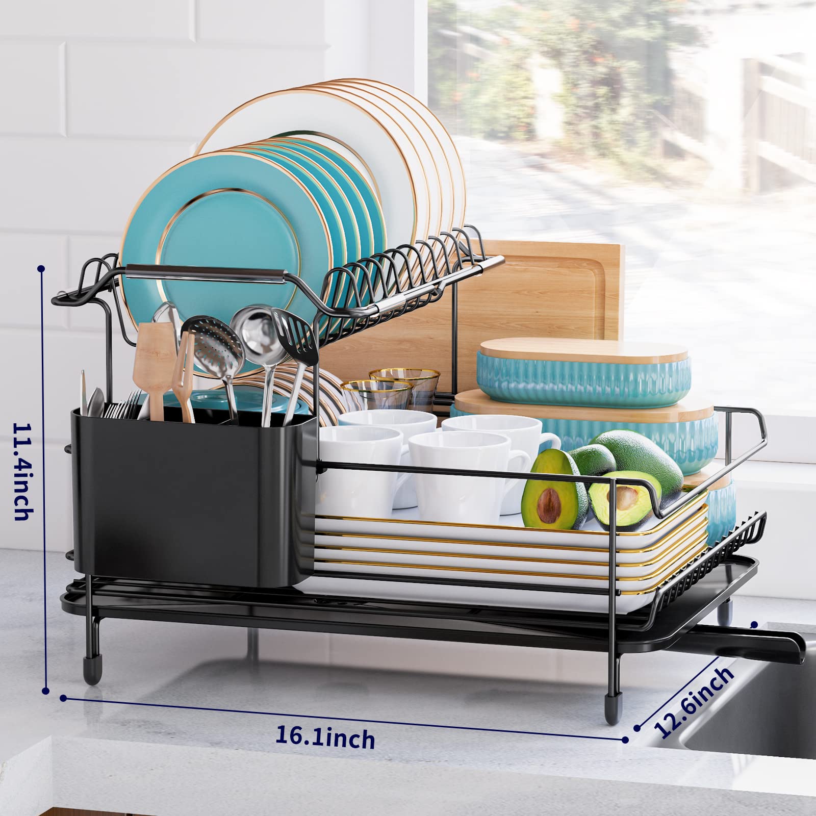 Kitsure Dish Drying Rack - Large-Capacity Dish Rack for Kitchen Counter, Rust-Proof Dish Drainer, 2-Tier Kitchen Dish Drying Rack for Dishes, Knives, Spoons, and Forks,Silver6