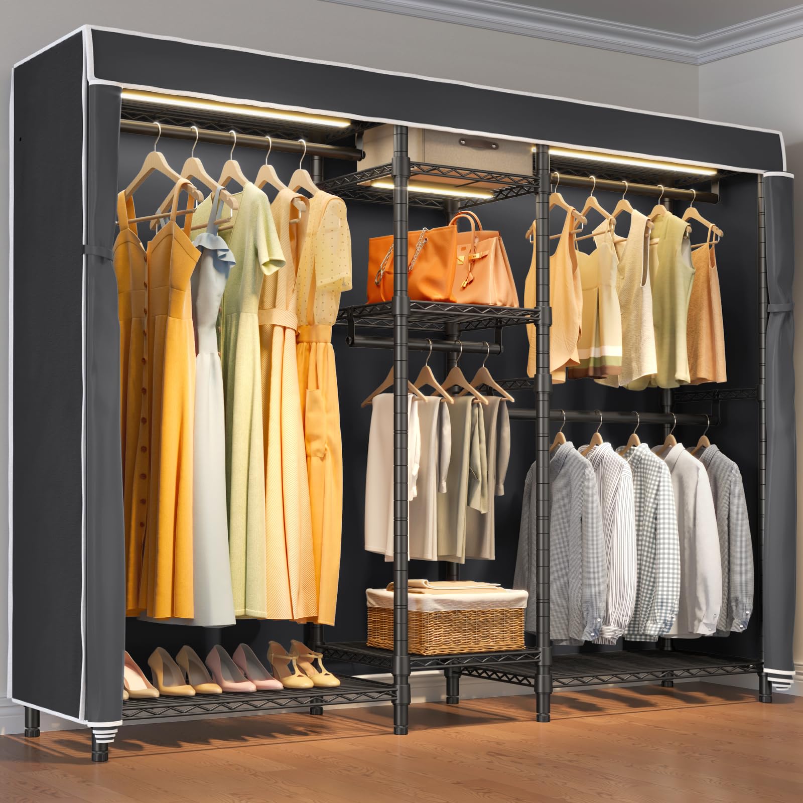 VIPEK V6L Covered Garment Rack Heavy Duty Clothes Rack with Cover and Dimmable LED Lights, Portable Closet Wardrobe Freestanding Clothing Rack for Hanging Clothes, Black Closet Rack with Black Cover