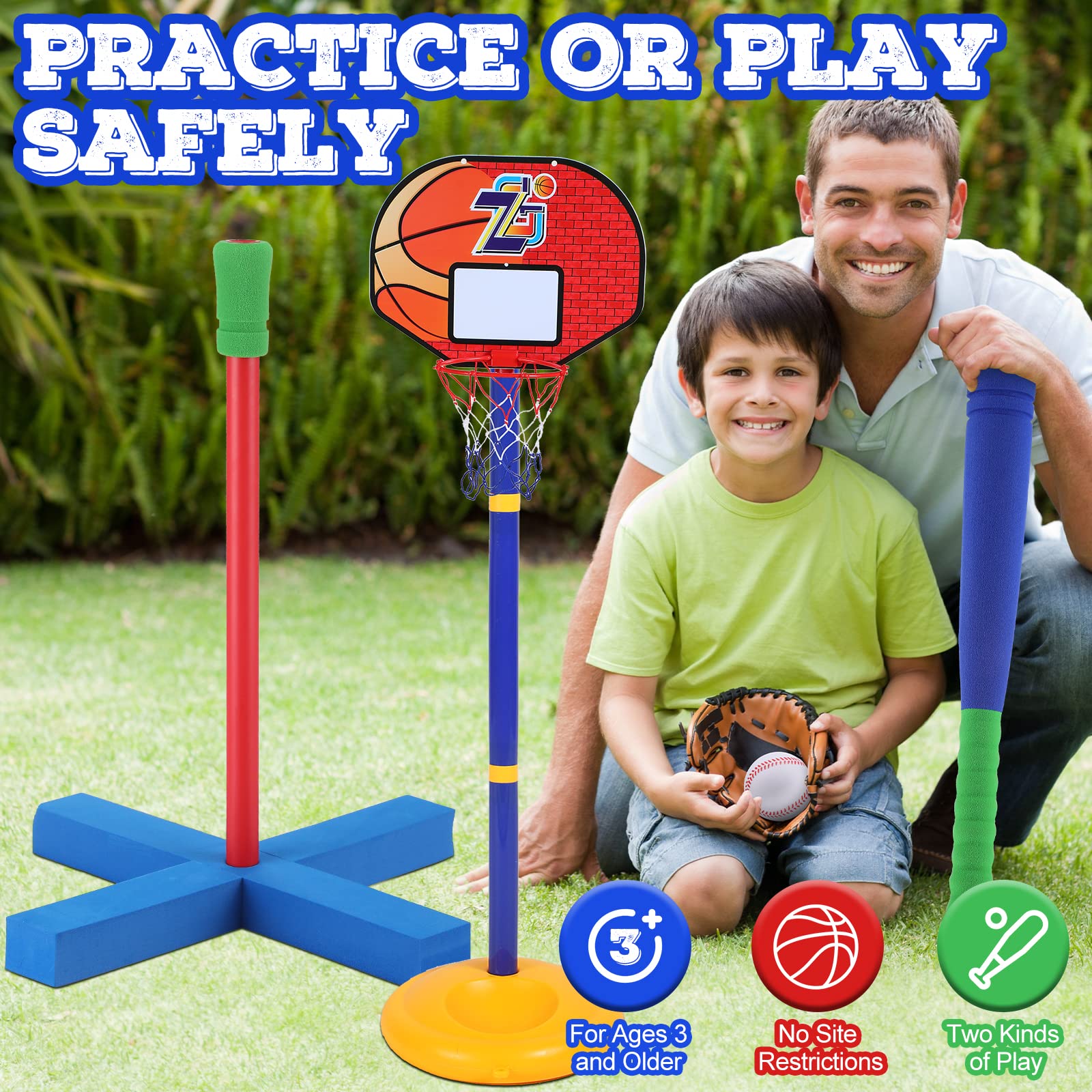 Supervitae Baseball and Basketball Training Set for Kids Include Basket Hoop Foam Baseball Tee Carry Bag Adjustable Height Toddler Kid Back to School Sport Gift(Classic)