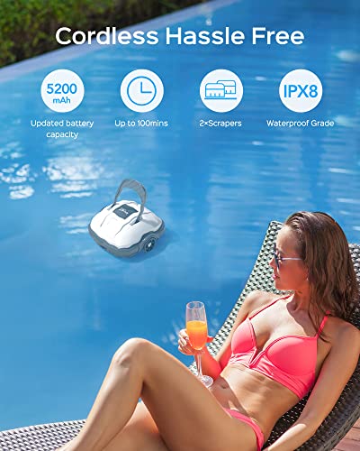 Upgraded - WYBOT Cordless Pool Vacuum, Robotic Pool Cleaner with Large Battery Up to 100Mins Runtime, Strong Suction, Pool Vacuum Robot for Above Ground Flat Bottomed Pools Up to 861 Sq.Ft-White