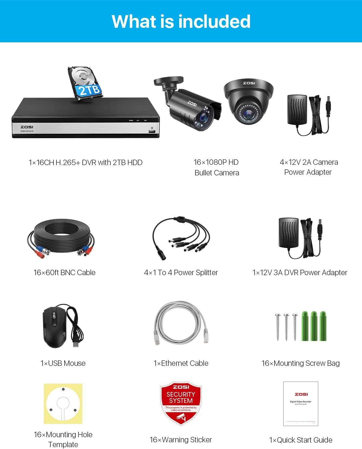 ZOSI 1080p 16 Channel Security Camera System with 2TB HDD, 16PCS 2MP 1080P Weatherproof Surveillance Camera, 16CH H.265+ HD-TVI 1080p CCTV DVR,80ft Night Vision,Motion Detection