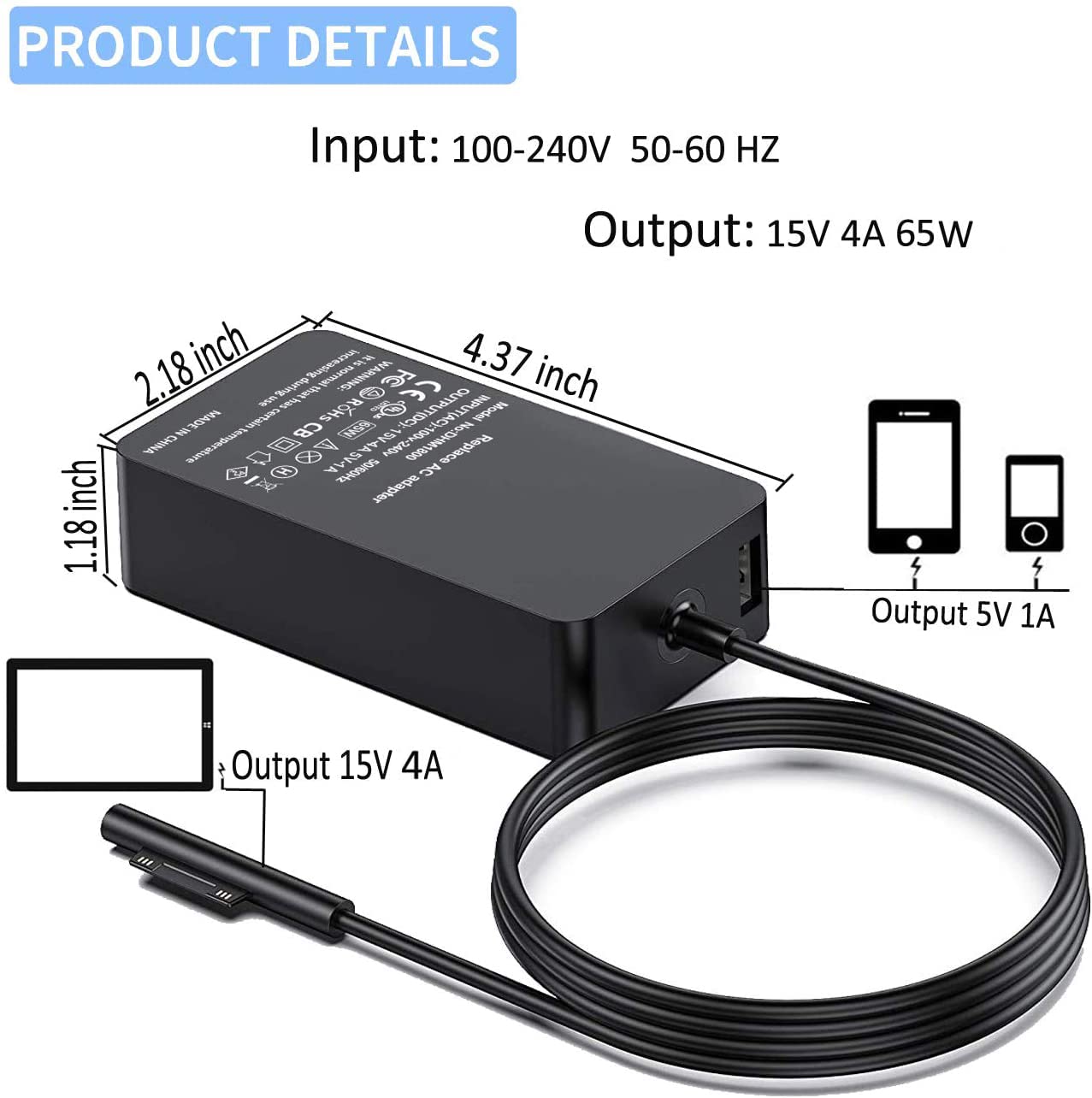 Surface Laptop Charger Surface Pro Charger 65W 15V 4A Power Supply Compatible Microsoft Surface Pro X/9/8/7/6/5/4/3 Surface Laptop1/2/3/4 Surface Go1/2/3 Surface Book 1/2/3 with USB Charging Port
