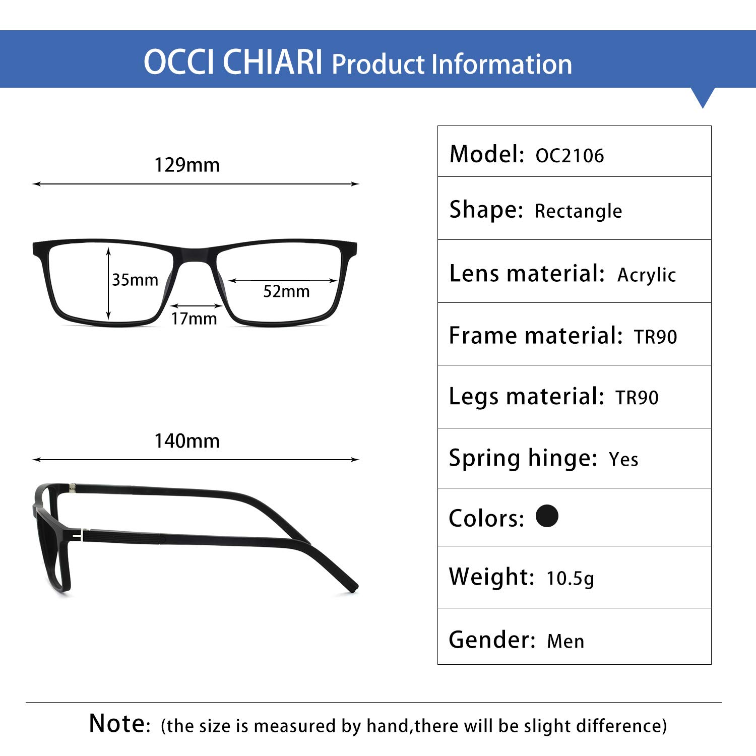 OCCI CHIARI Blue Light Glasses Men Classic Rectangle Computer Eyewear Clear Lenses Small Square Frame Reduce Eyestrain(2106-Black)