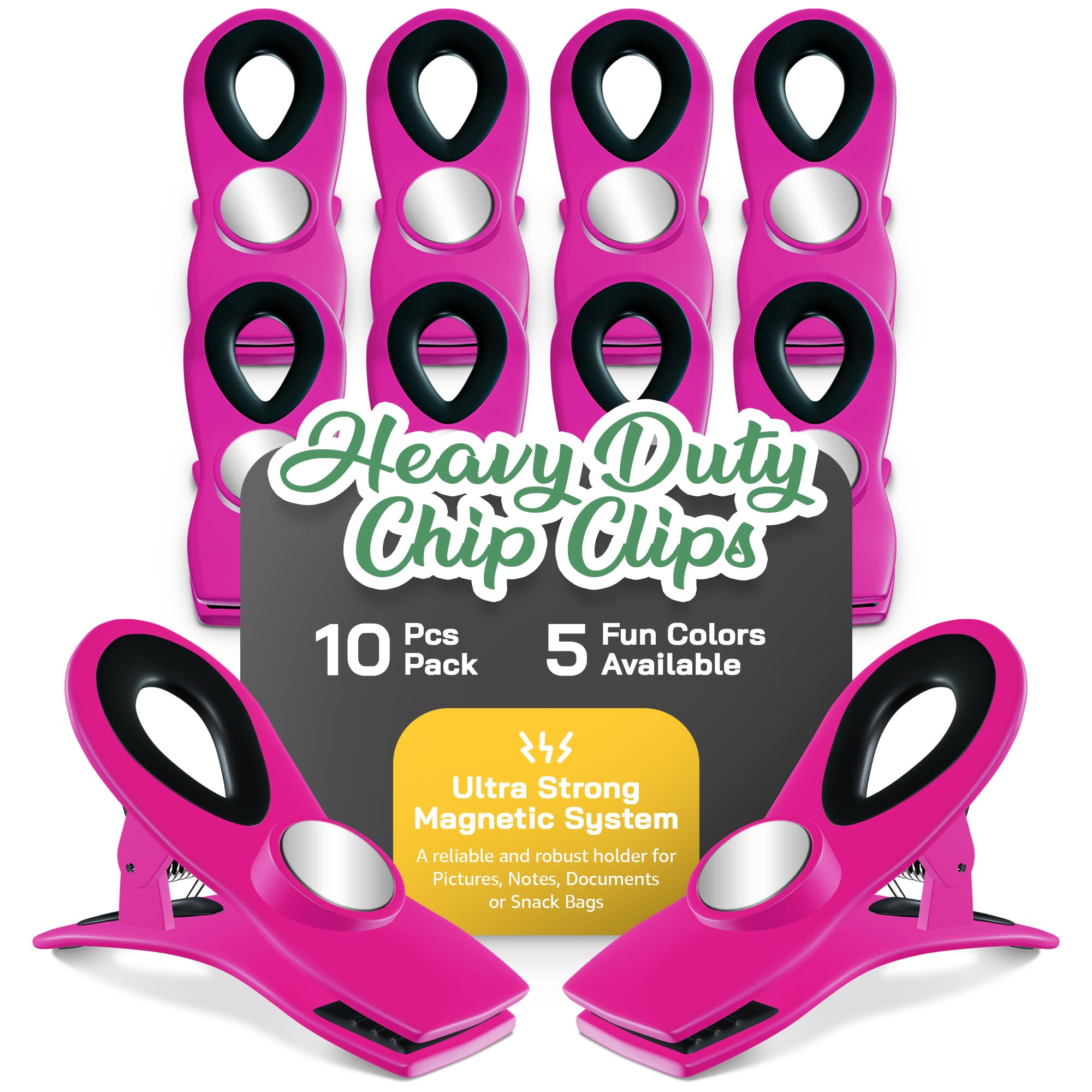 Magnus 10 Pack Magnetic Chip Clips - Tight Sealing Bag Clips for Food Packages with Super Strong Magnet Clips for Fridge Heavy Duty - Food Clips for Bags, Chip Bag Clip for Food Storage (Matte Pink)