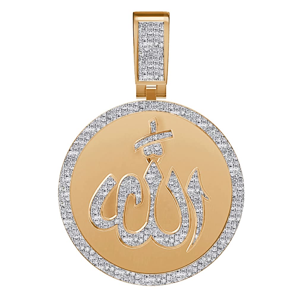 Real Genuine Authentic Diamond 0.60 Cwt. 15+ Grams Allah God Muslim Arabic Islamic Medallion 10K Solid Gold Over Unisex Charm Pendant 2'' (White Gold Finish)